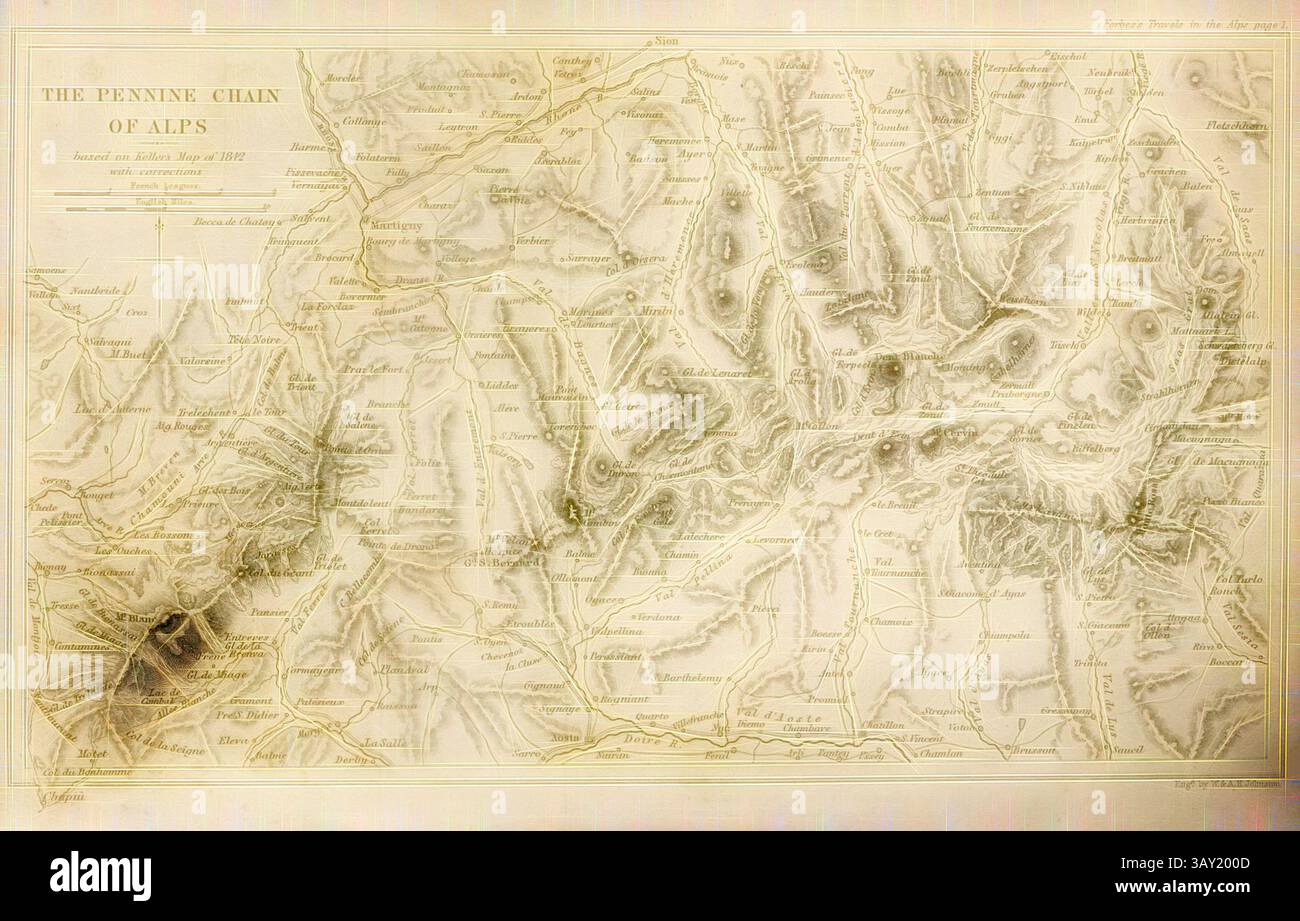 A detailed map showcasing the Pennine Chain of the Alps, featuring ...