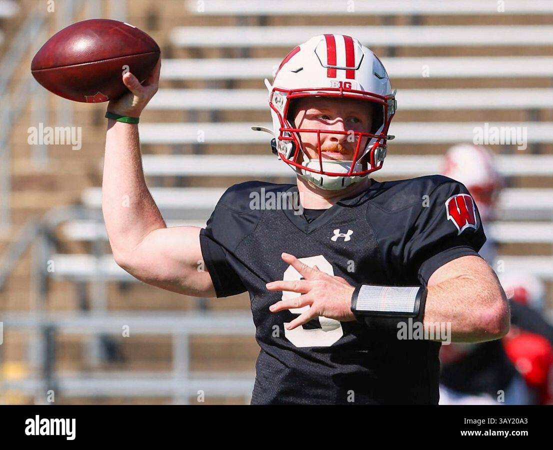 Billy Edwards Jr. throws a pass at a Wisconsin spring football practice ...