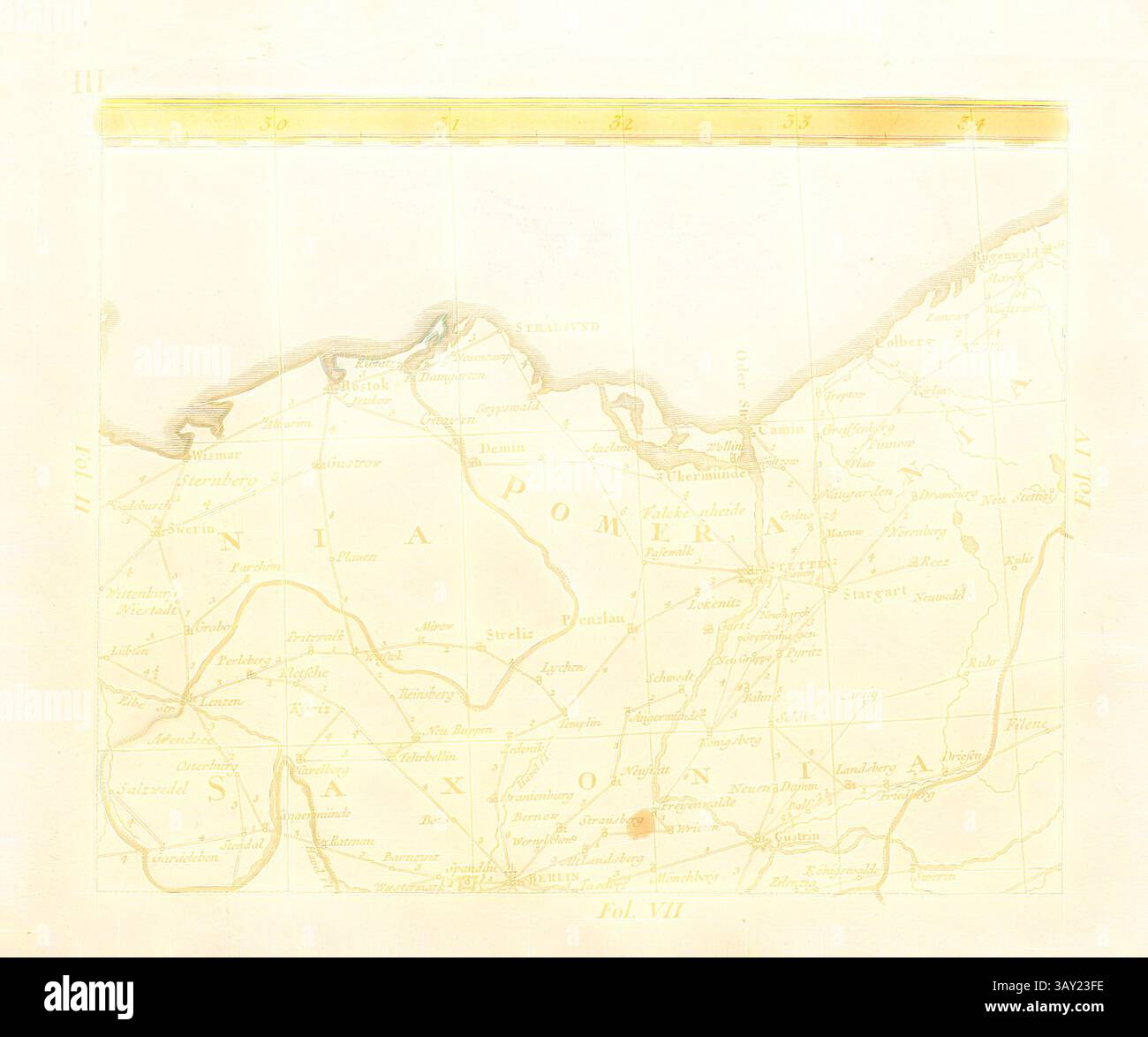 An antique map detailing regions including Pommern and Sachsen, with ...