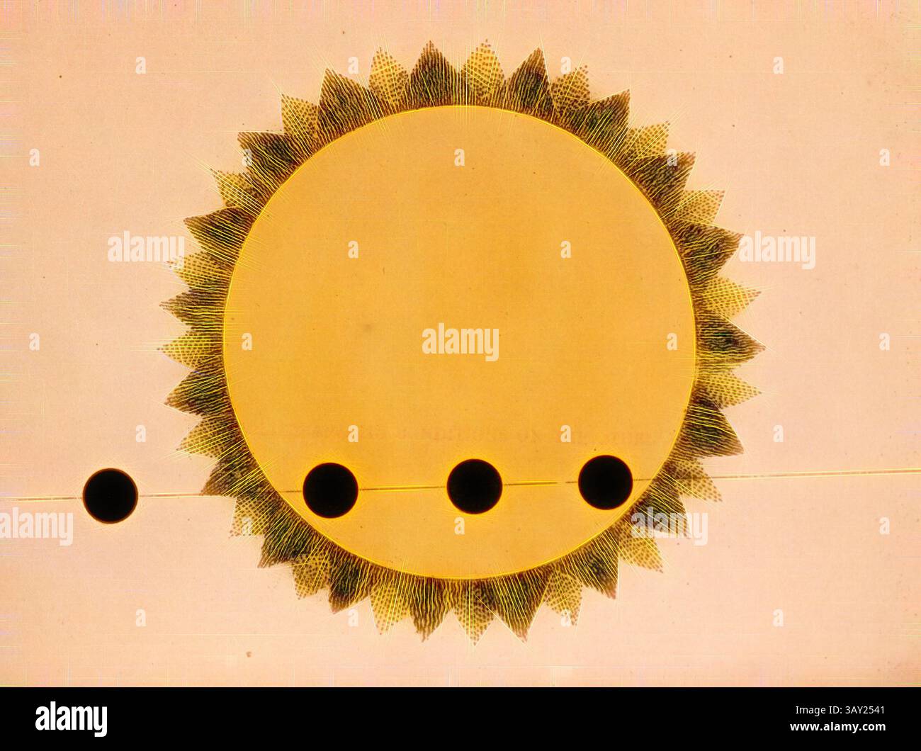 A radiant sun surrounded by stylized rays, with three dark silhouettes ...