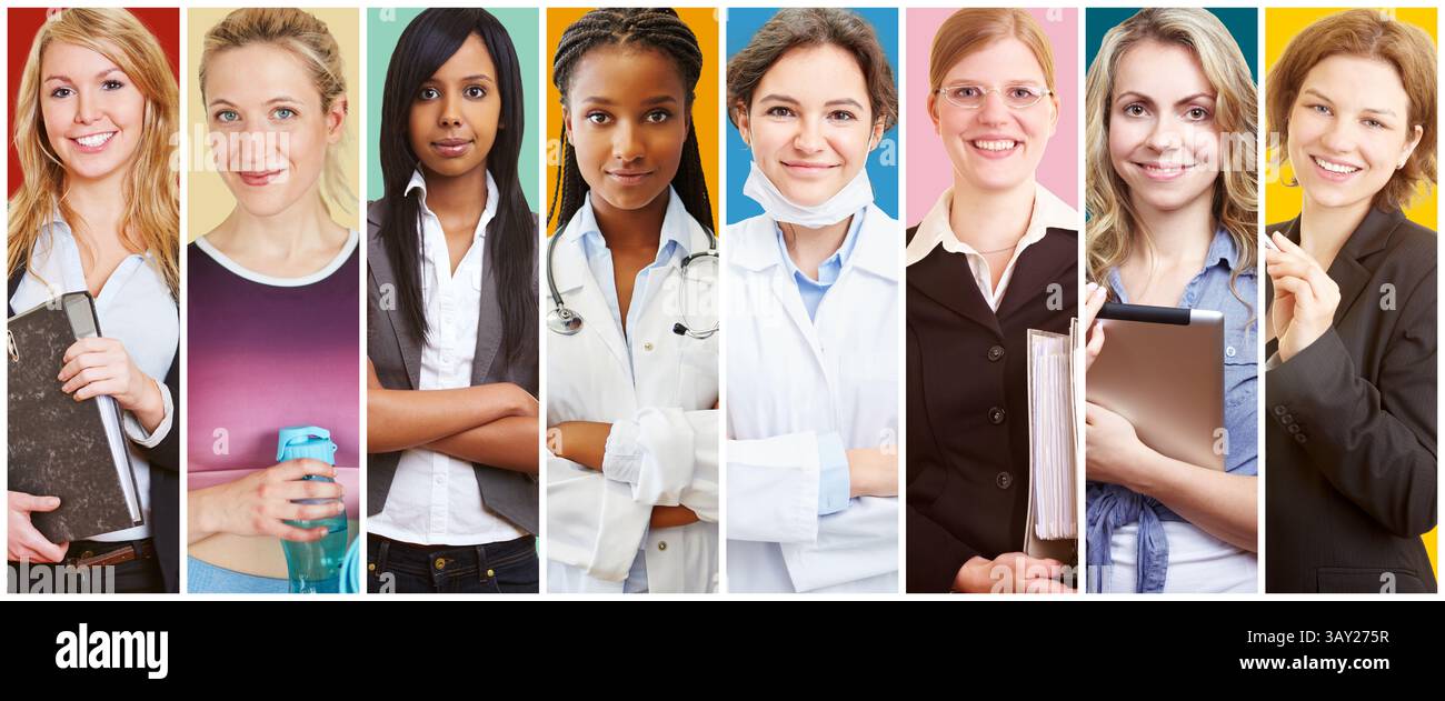 Portrait sections of young women in various professions as a career ...