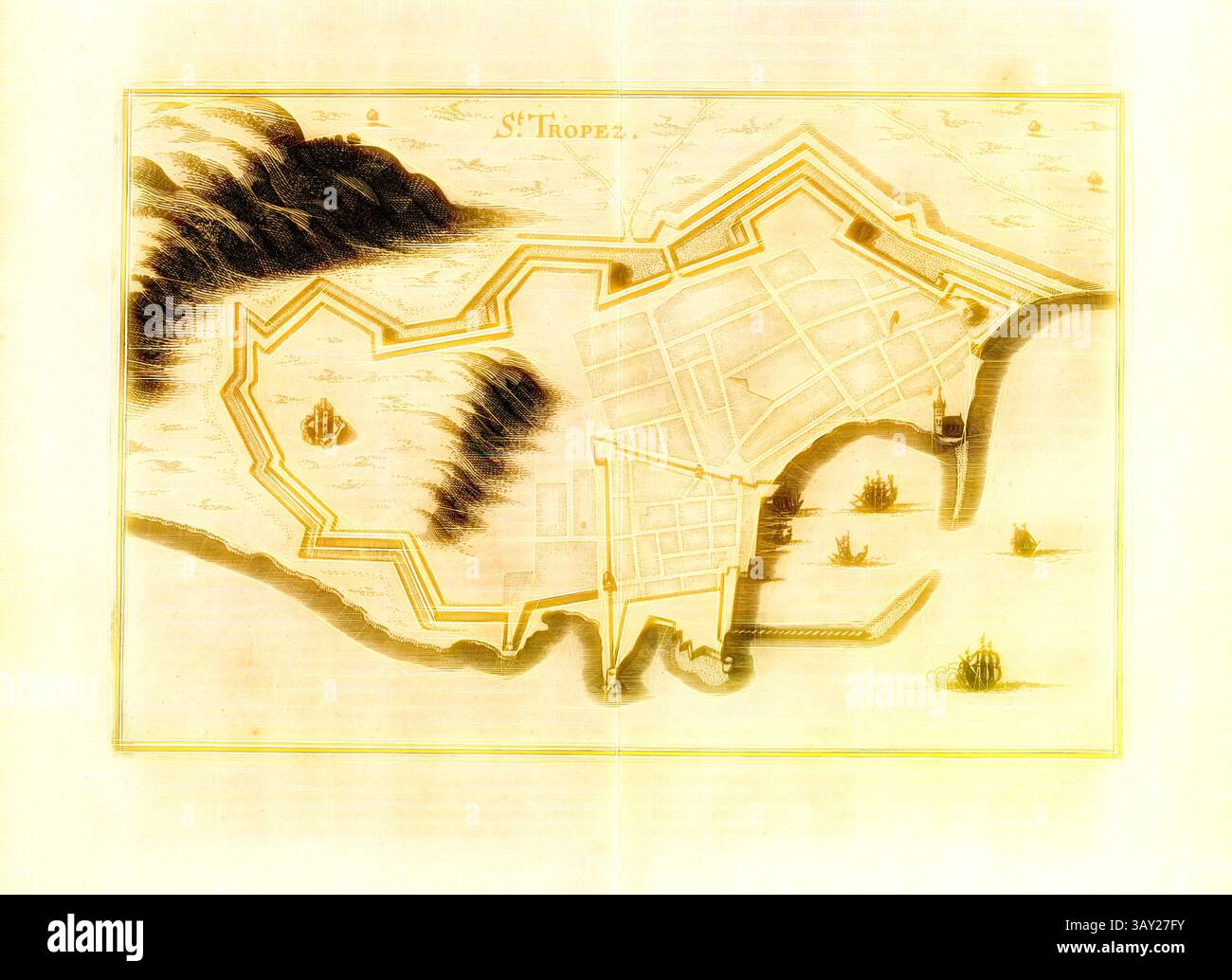 A historical map depicting the layout of Saint-Tropez, featuring its ...