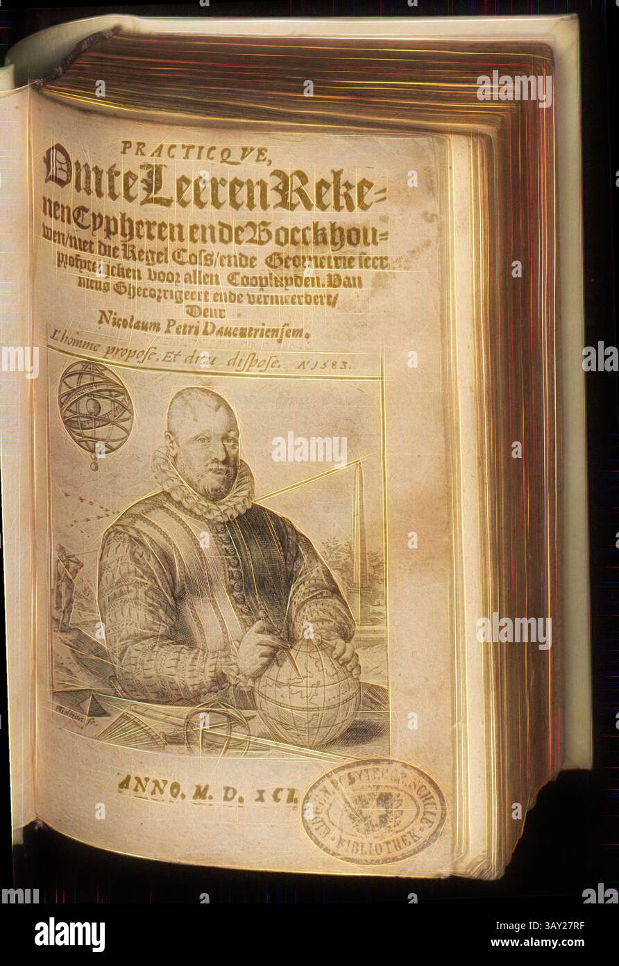 An elaborately illustrated title page featuring a 16th-century scholar ...
