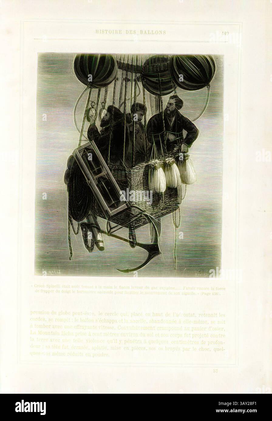 Two men are seated in a large wicker balloon basket, surrounded by ...