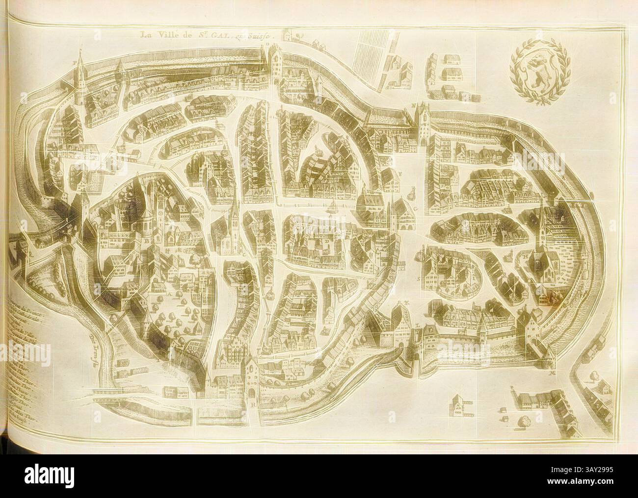 A detailed historical map depicting the layout of a city, showcasing ...