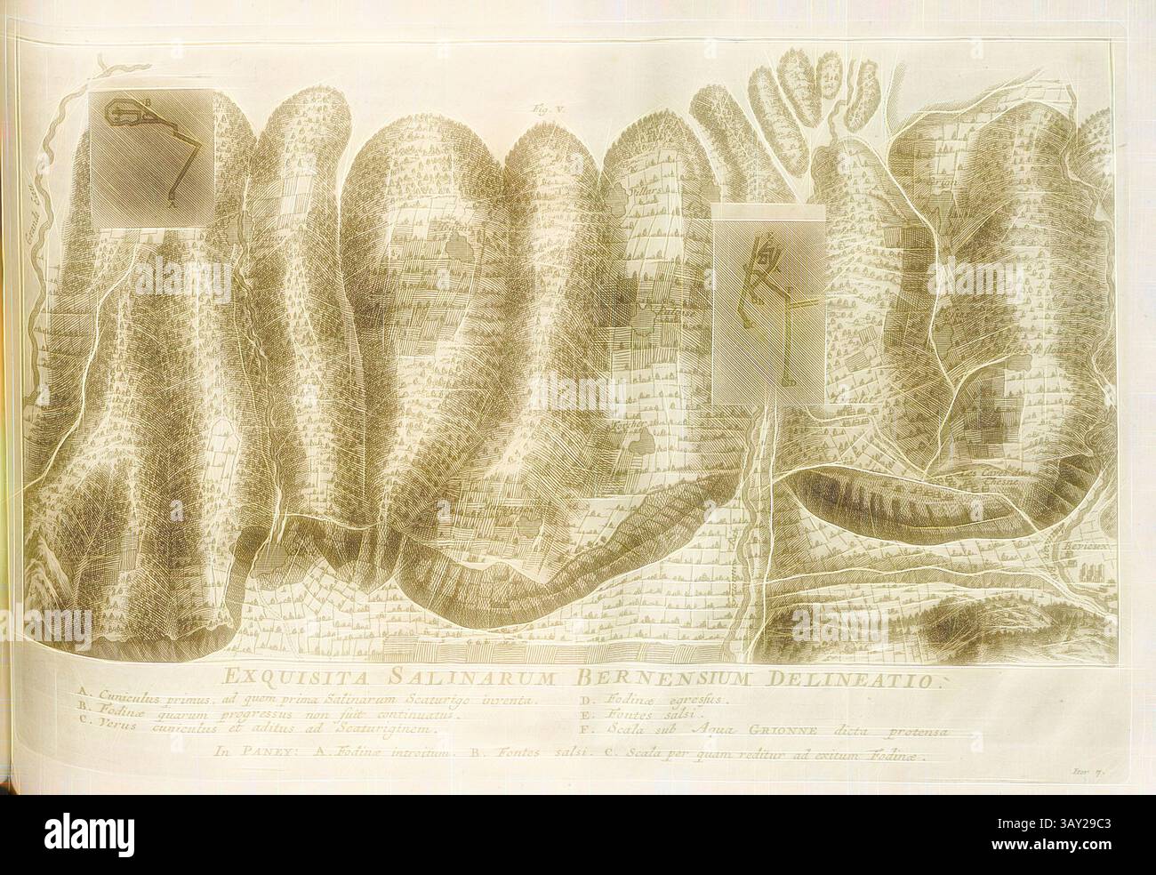 A detailed topographical map illustrating the salt mines of Bern ...