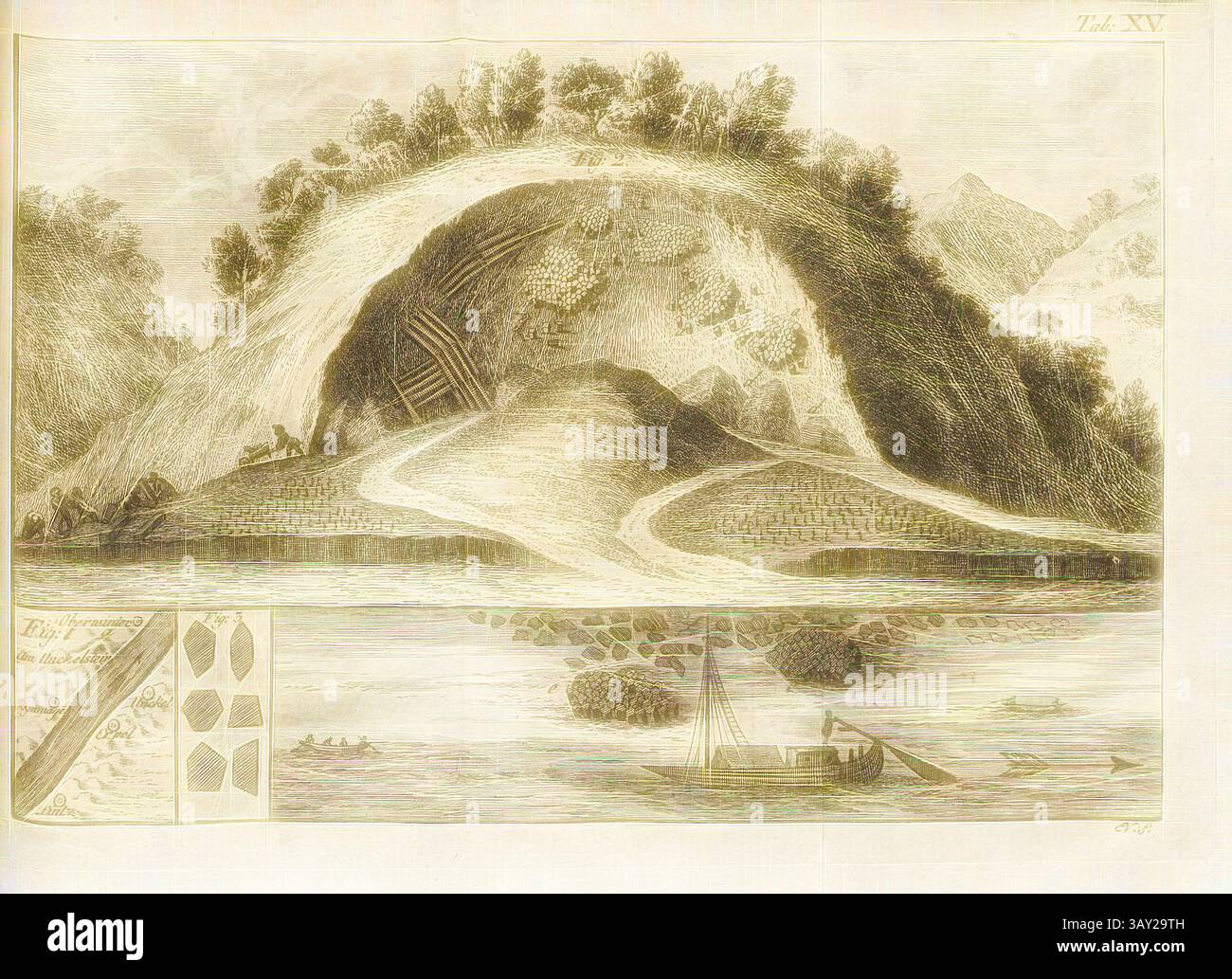 A detailed illustration of a rocky hillside featuring a curved ...