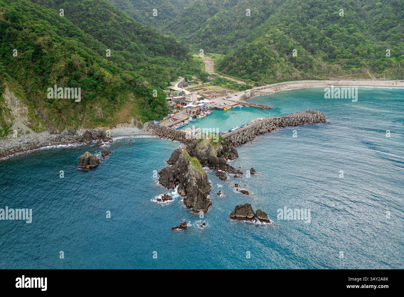 Aerial view of Fenniaolin Fish Harbor located in Suao township, Yilan ...