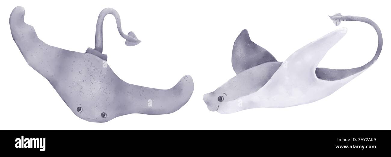 Sea stingray with a long graceful tail Watercolor illustration. A set ...
