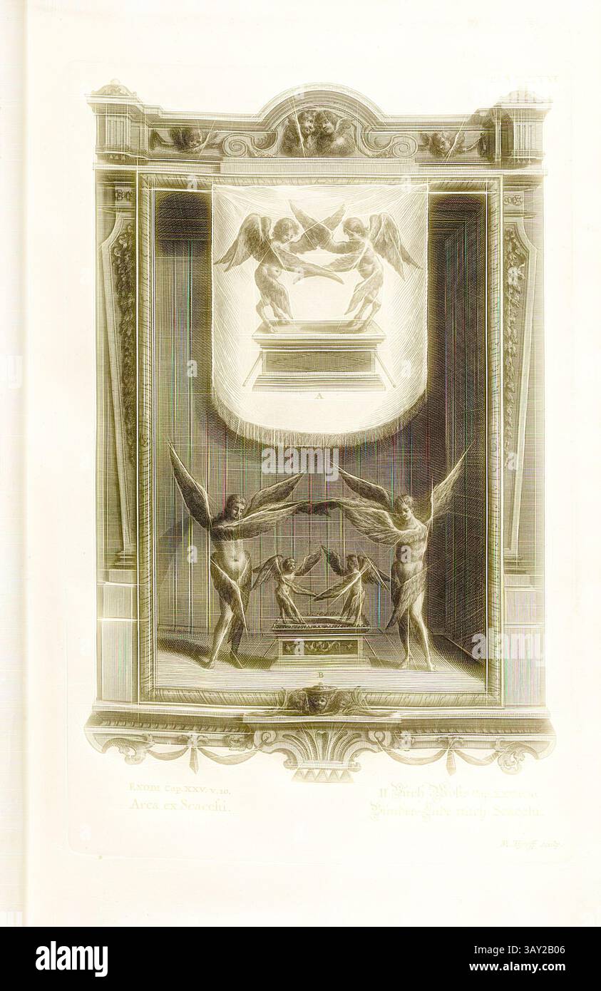 A classical scene featuring two winged figures in an ornate setting ...