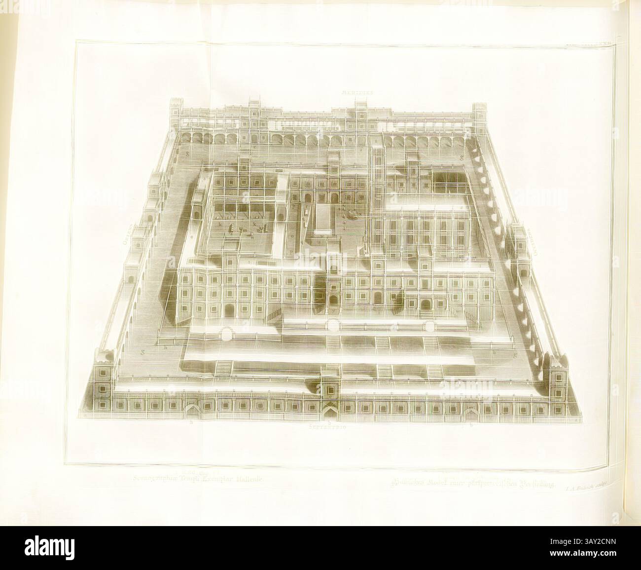 A detailed architectural illustration of a large, complex building ...