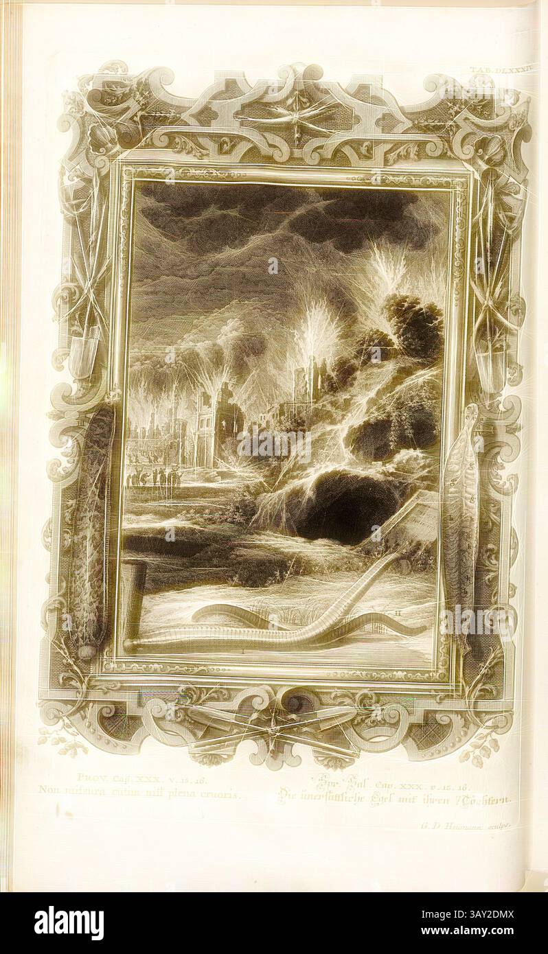 A dramatic landscape depicts a stormy scene with lightning casting an ...