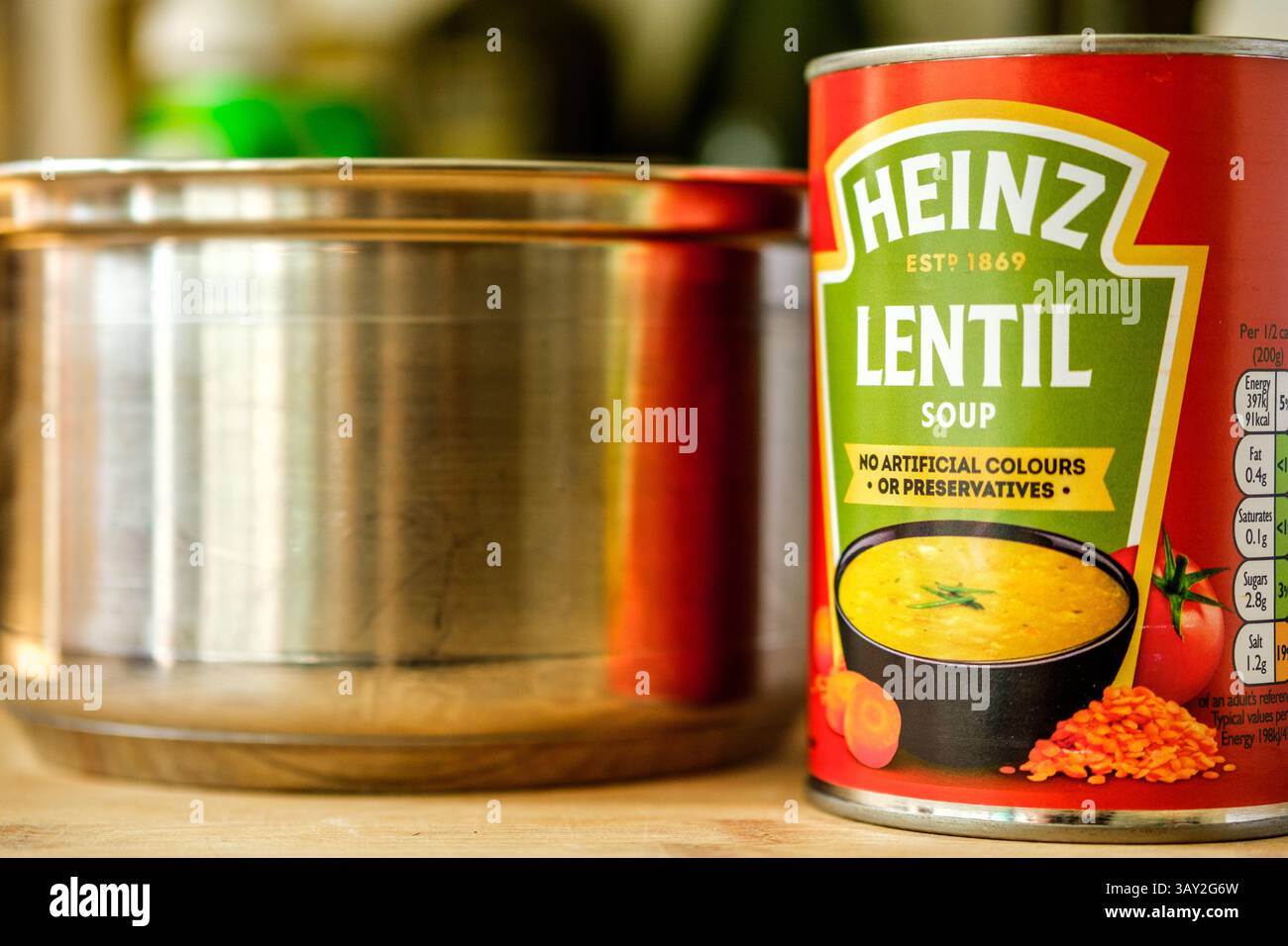 London UK, April 22 2025, Tin of Heinz Nourishing Lentil Soup Stock ...