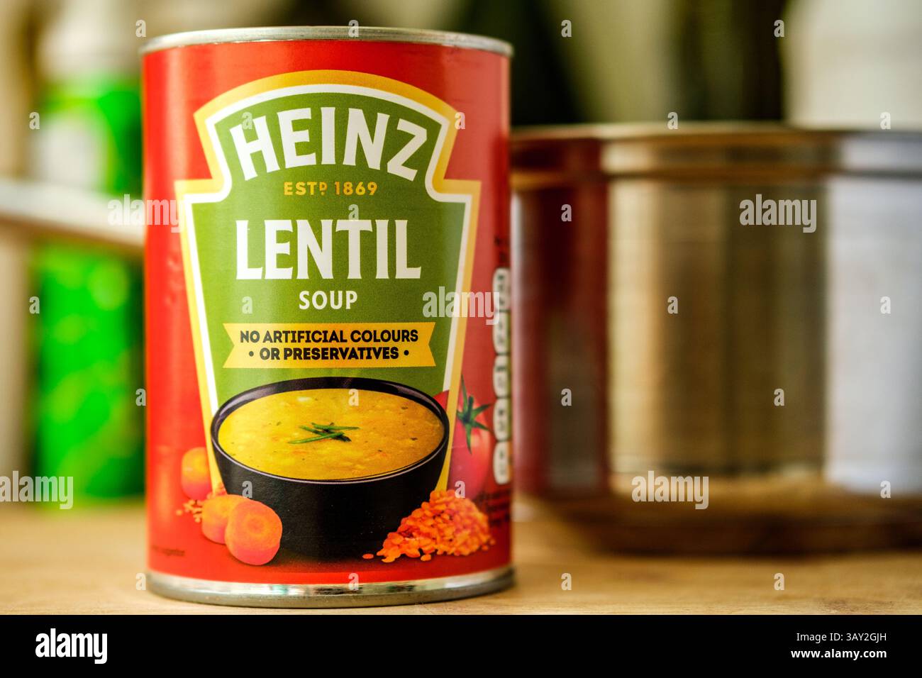 London UK, April 22 2025, Tin of Heinz Nourishing Lentil Soup Stock ...