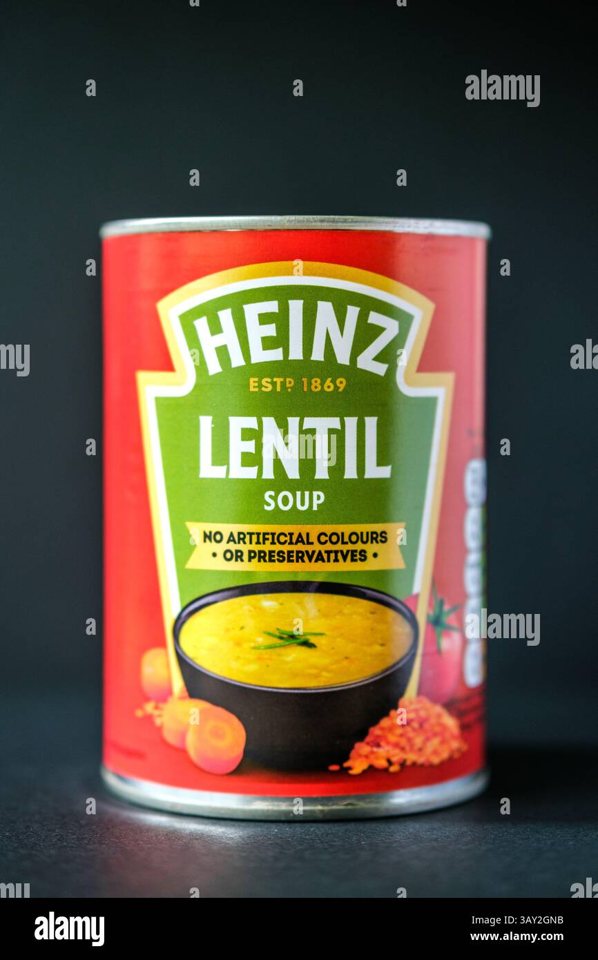 London UK, April 22 2025, Tin of Heinz Nourishing Lentil Soup Stock ...