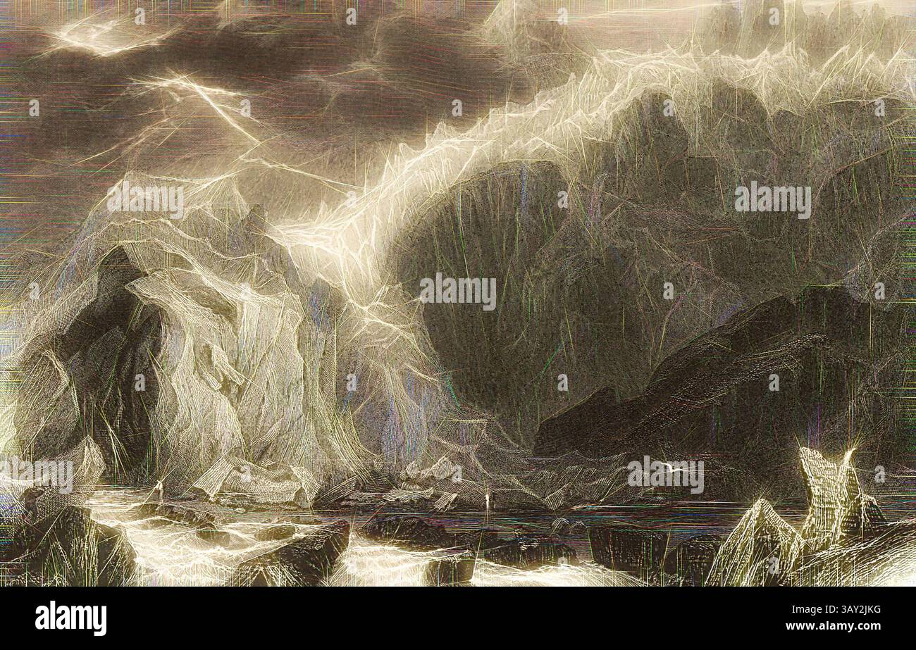 A dramatic landscape featuring jagged mountains soaring above a ...