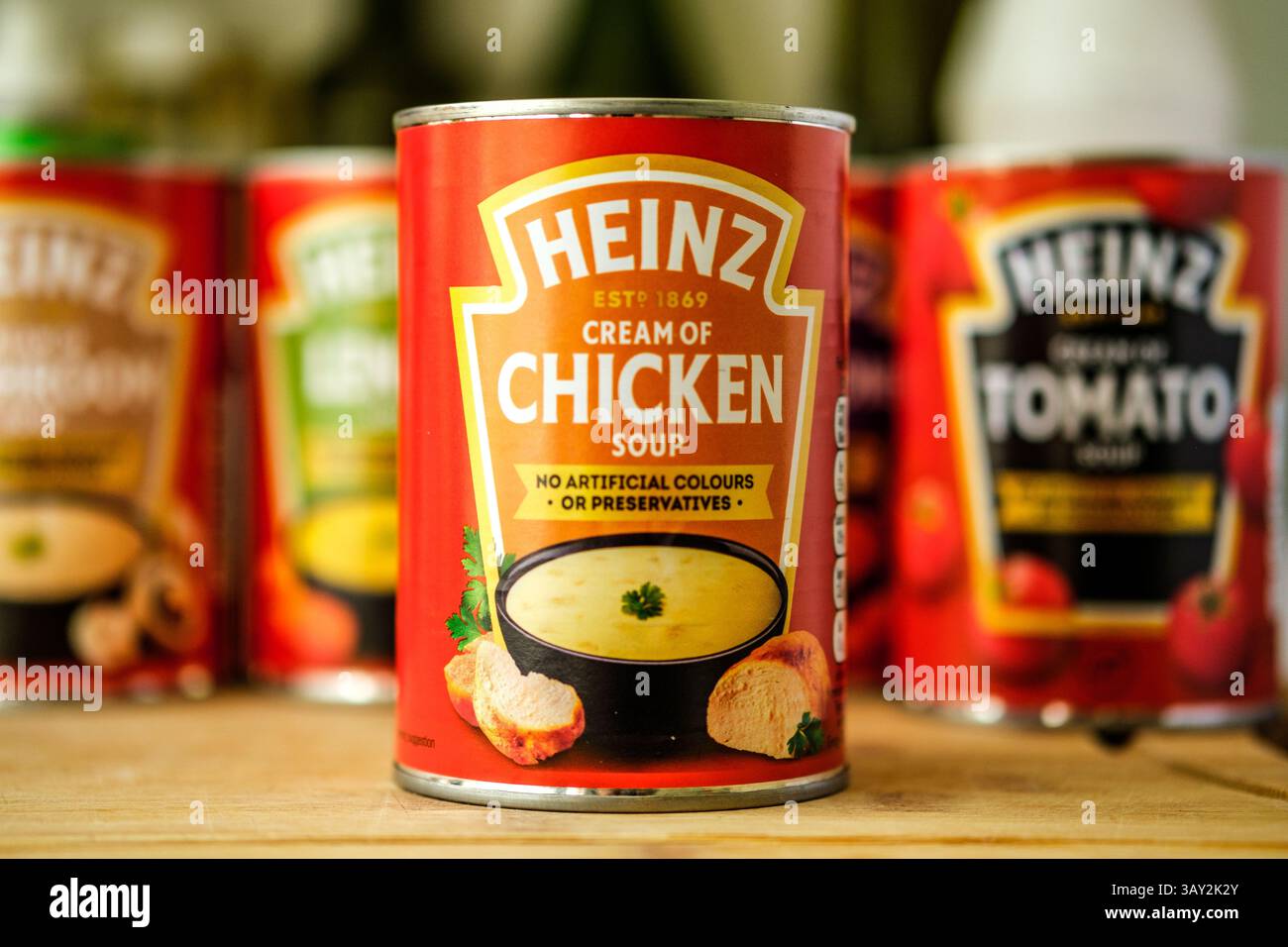 London UK, April 22 2025, Tin of Nourishing Heinz Chicken Soup Stock ...