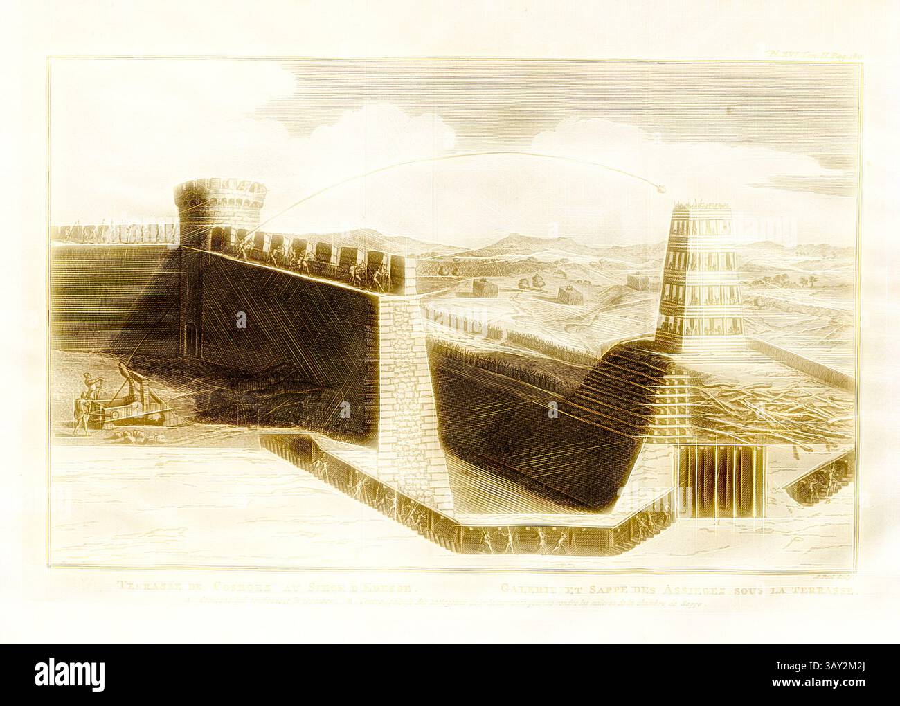 A detailed illustration of a fortified wall featuring a large tower and ...