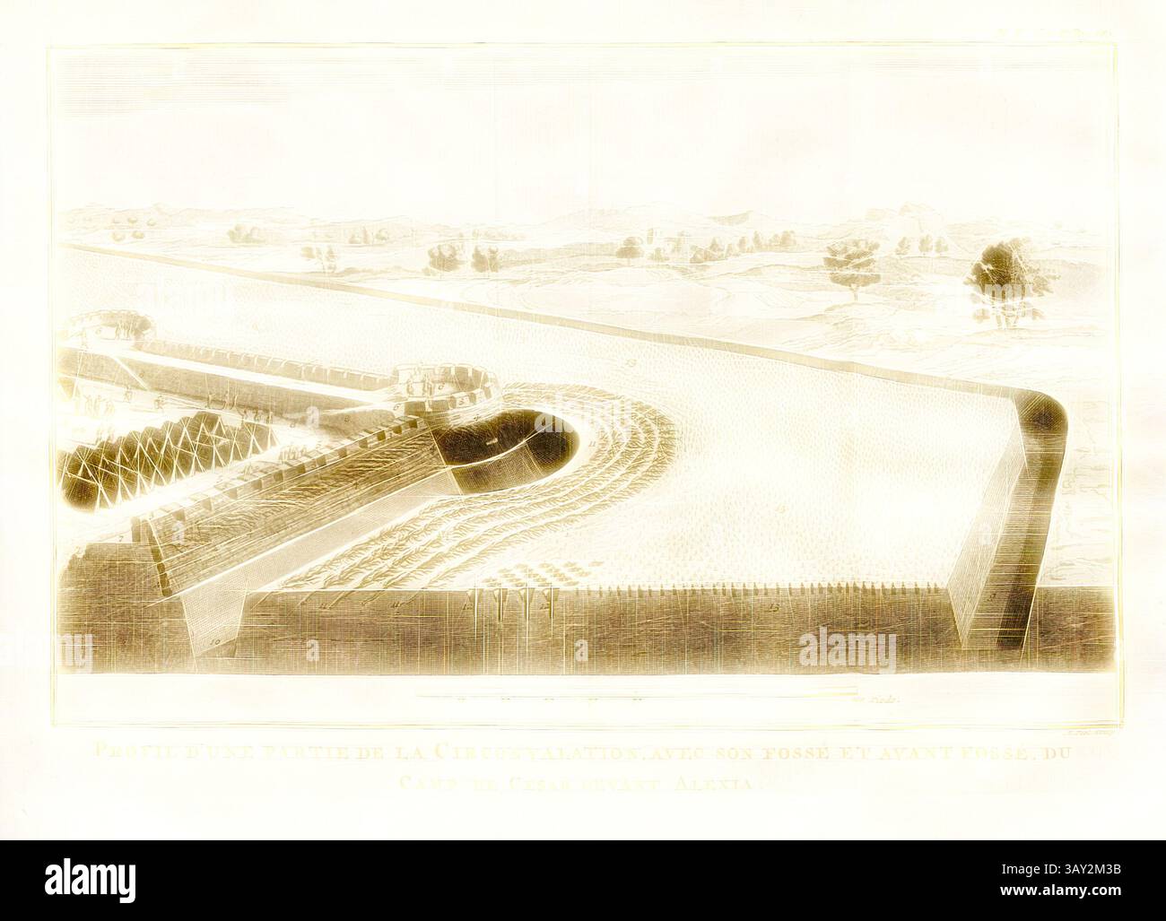 A detailed illustration of a fortified landscape featuring a series of ...