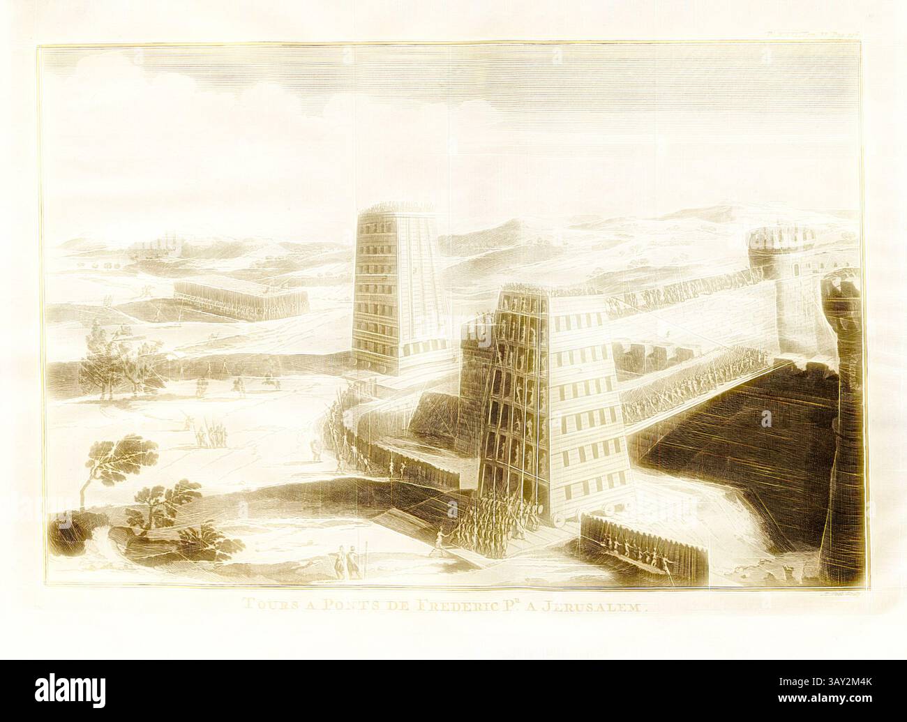 A historical depiction of fortified towers and walls surrounding a city ...