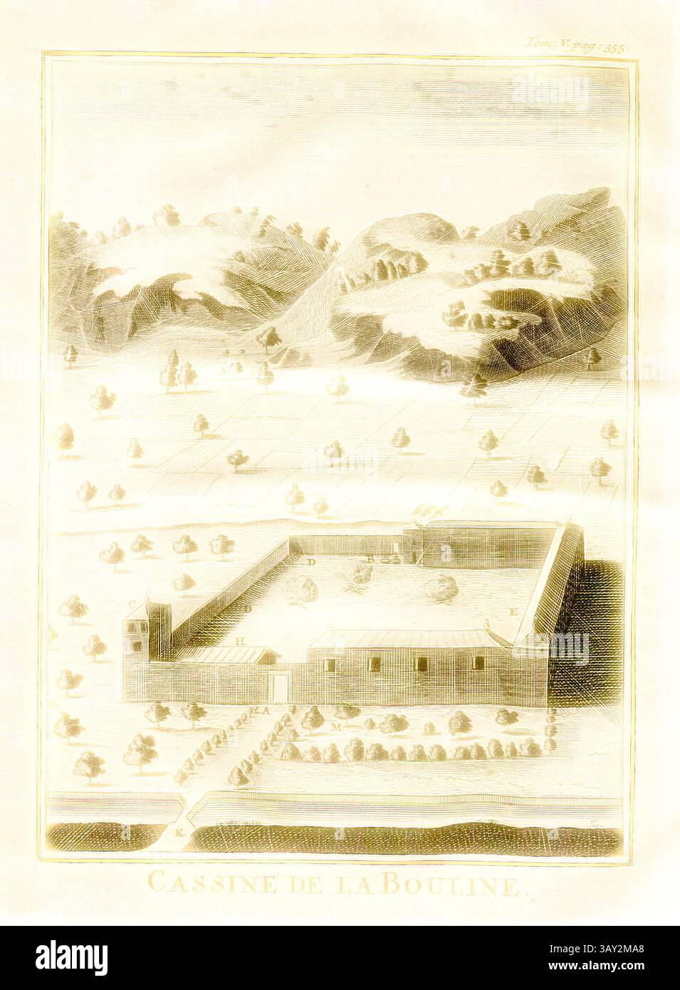 A detailed illustration of a fortified structure, surrounded by rolling ...