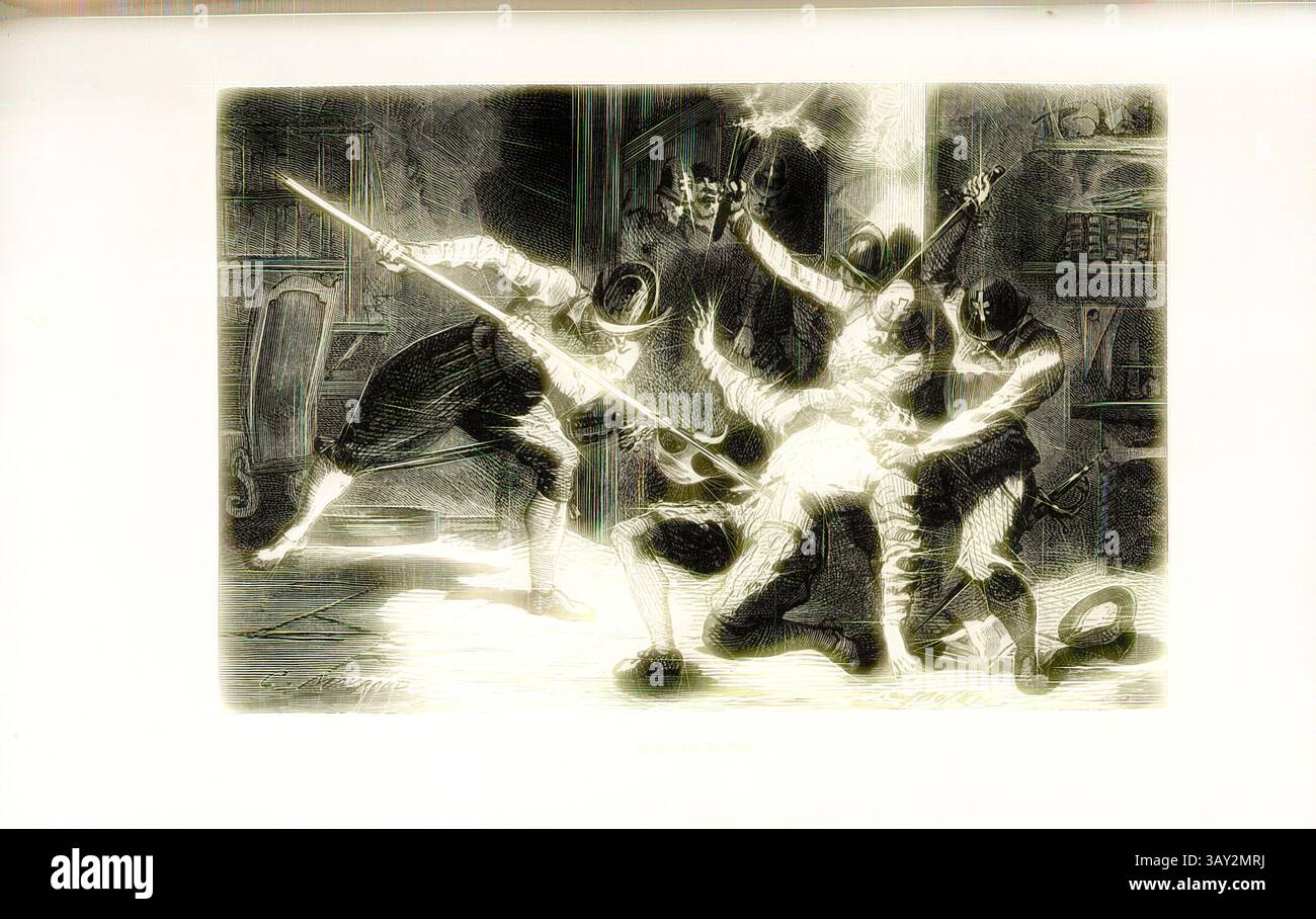 A dramatic scene unfolds as three figures engage in a fierce struggle ...