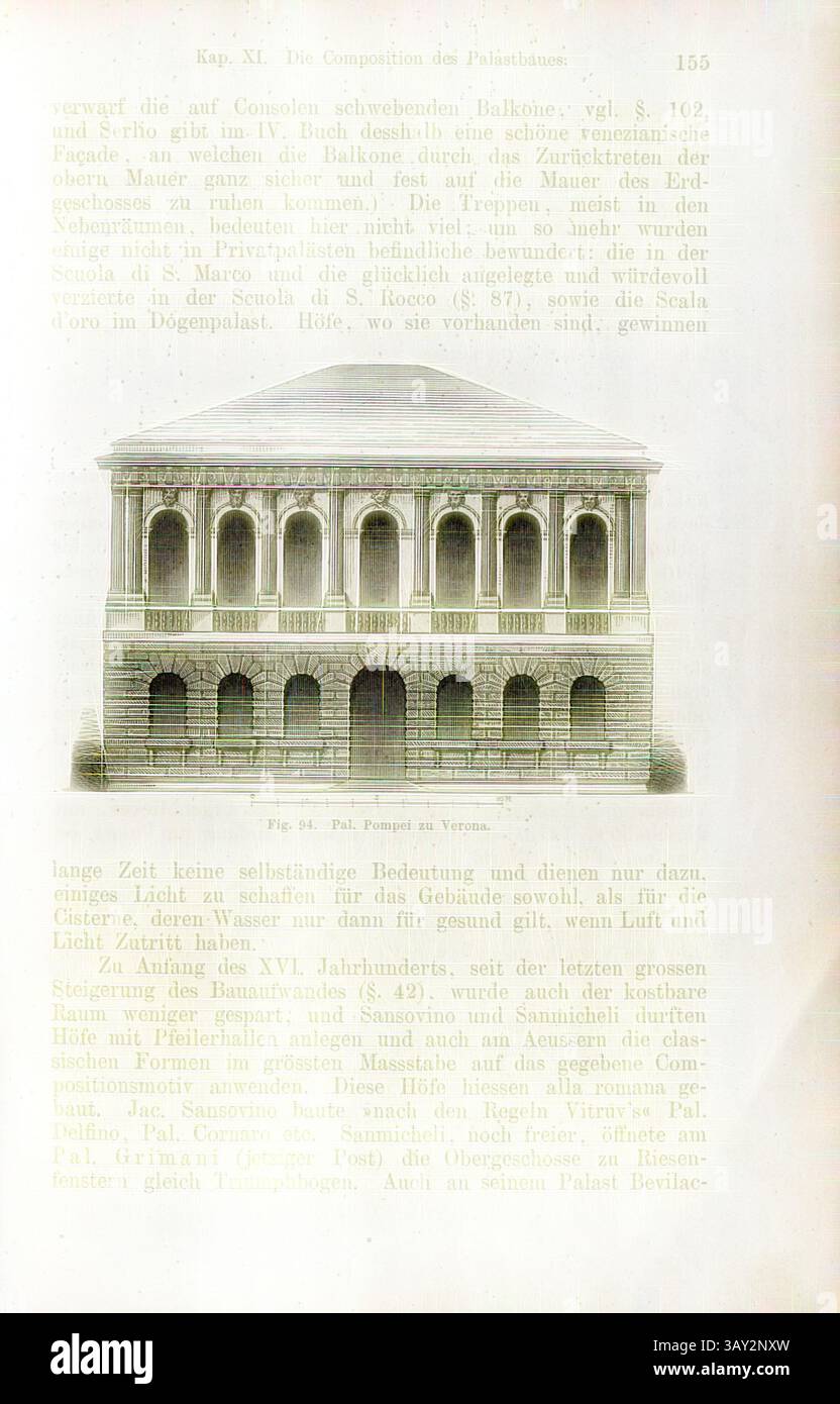 An architectural illustration depicting a classical facade with arched ...