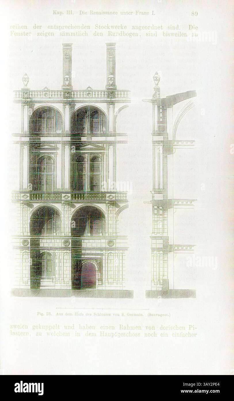 A detailed architectural illustration depicting a three-story building ...