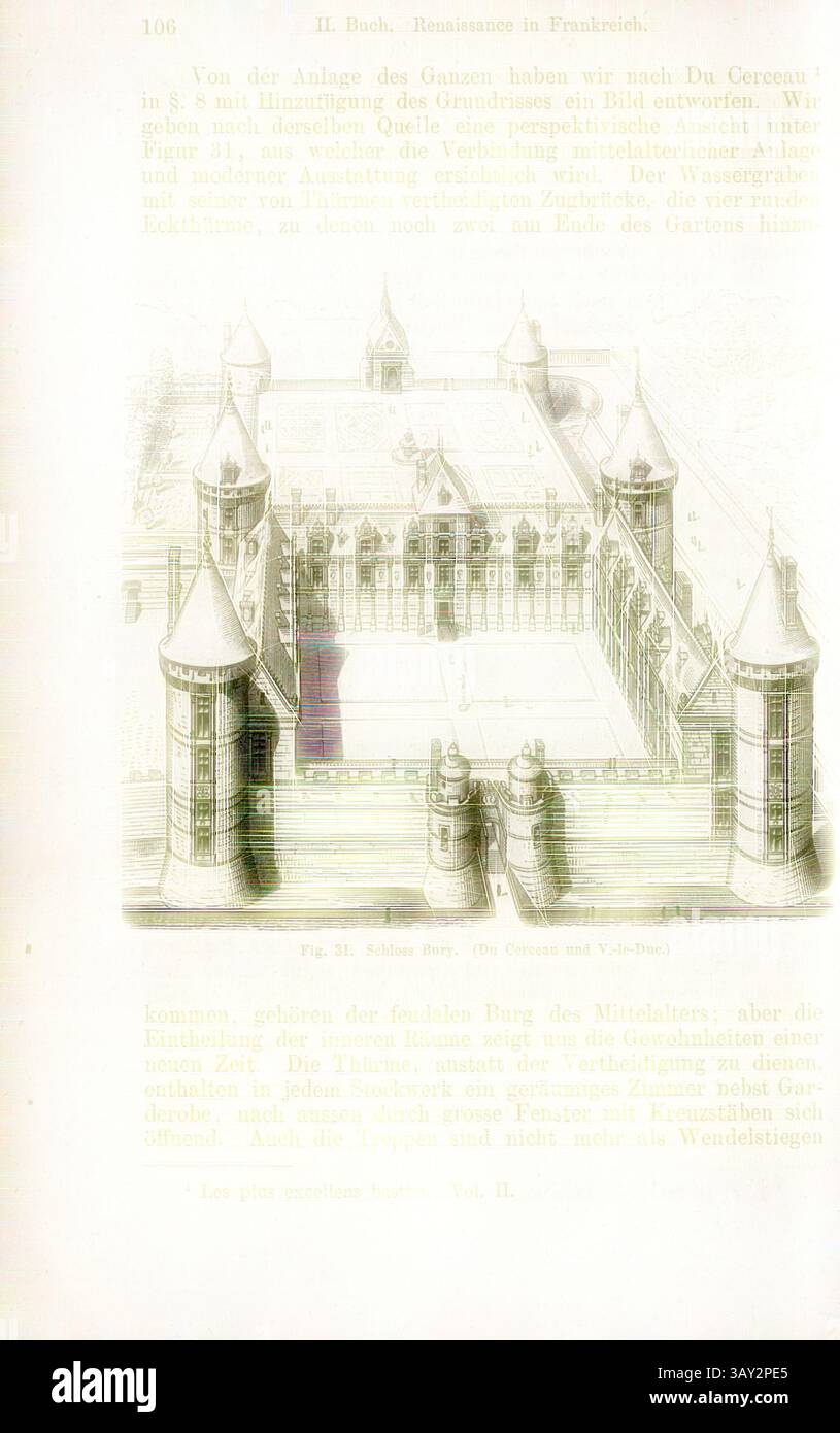 An architectural illustration depicting a grand castle surrounded by ...