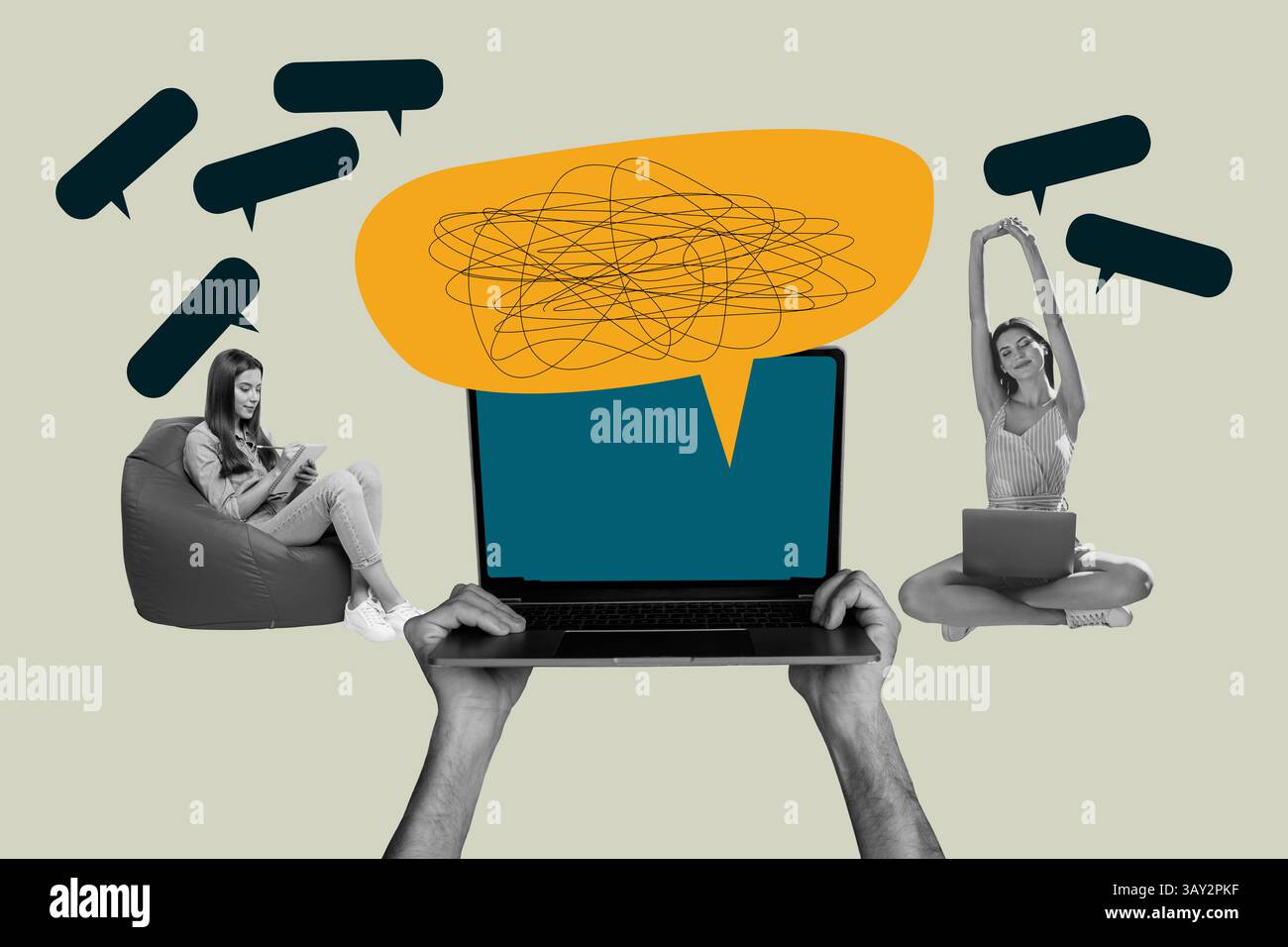 Poster image collage of people sit behind big gadget with messy mind cloud khaki background ...