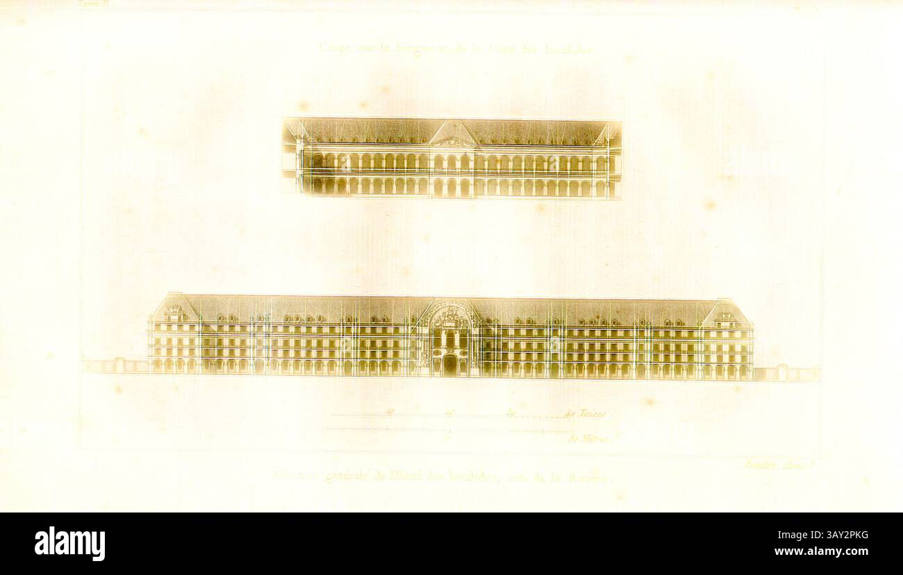 A detailed architectural drawing showcasing two elevations of a grand ...