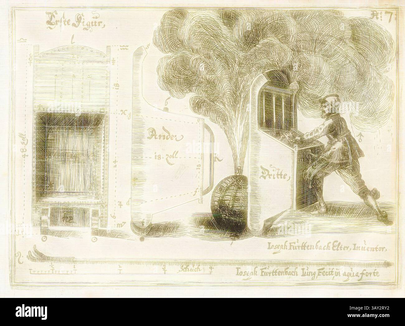 A historical illustration depicting a man operating a steam-powered ...