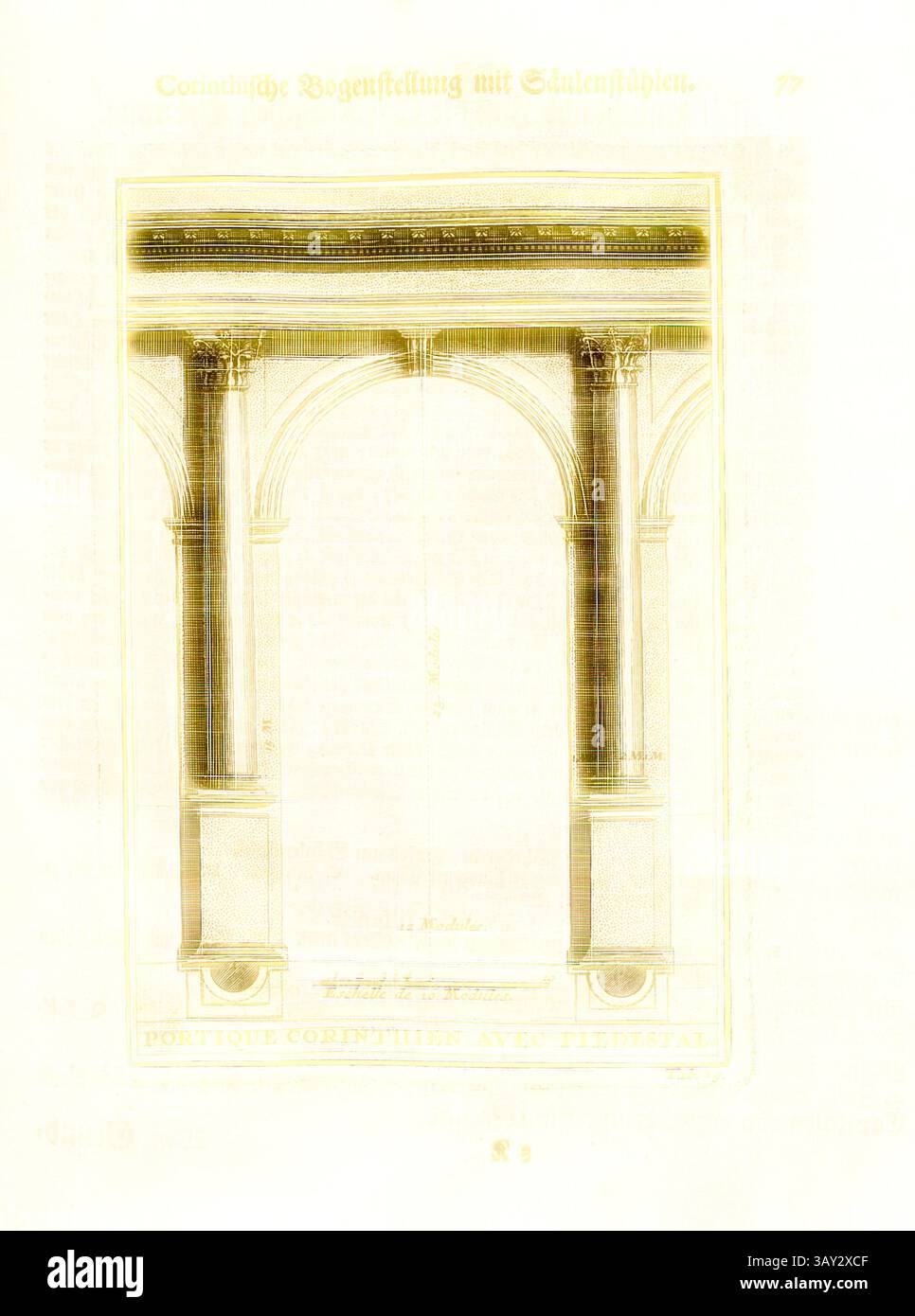 A detailed architectural illustration featuring a grand archway framed ...