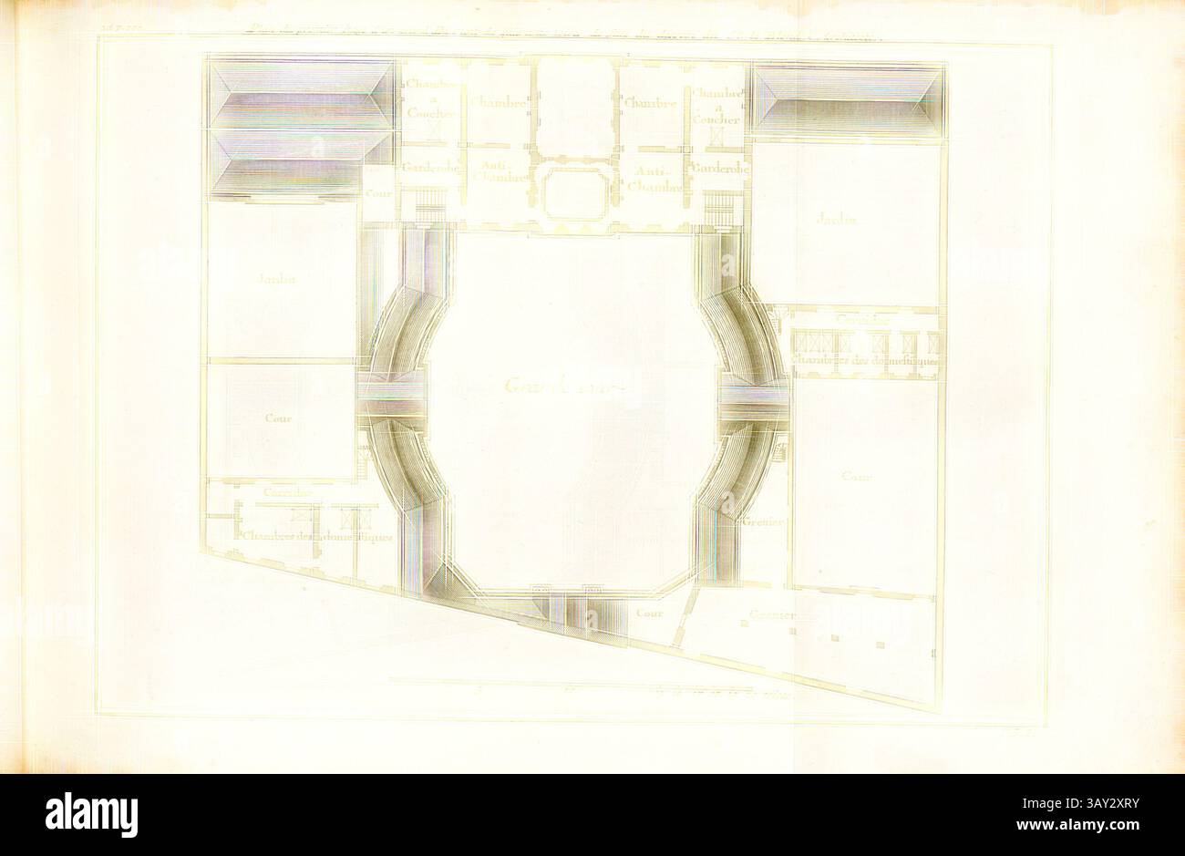 A detailed architectural blueprint featuring a symmetrical layout with ...