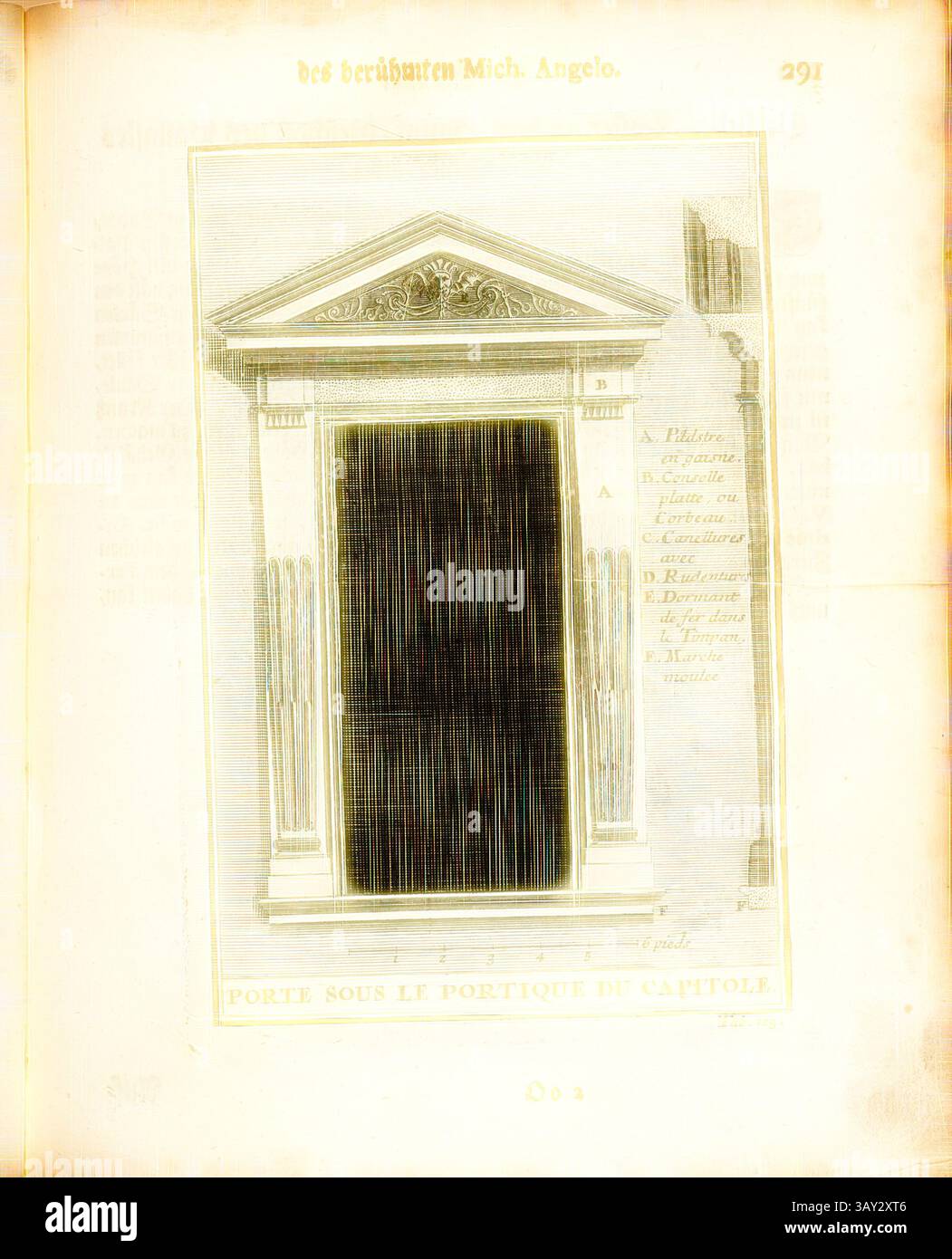 An architectural drawing features a classical façade with a prominent ...