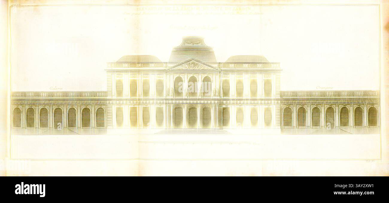 A grand architectural drawing showcases a classical building with a ...