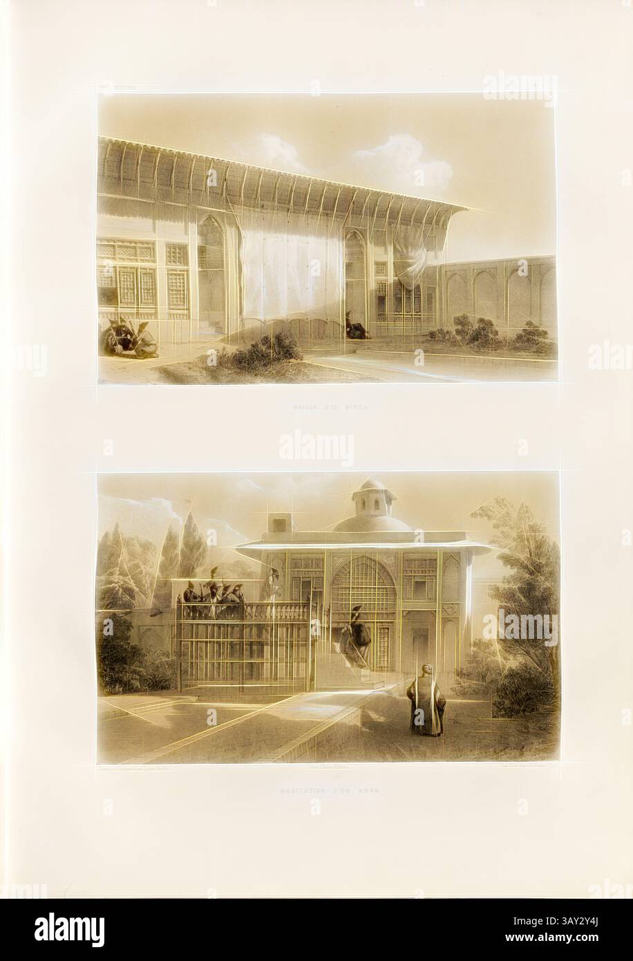 A historic architectural illustration featuring two distinct structures ...