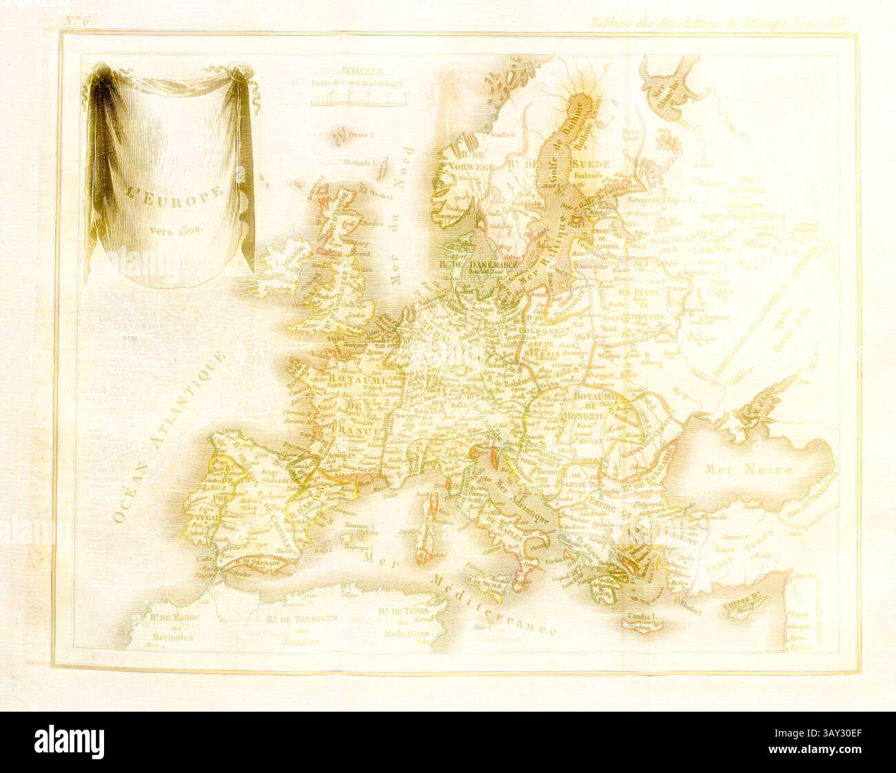 A vintage map of Europe, featuring detailed geographical names and ...