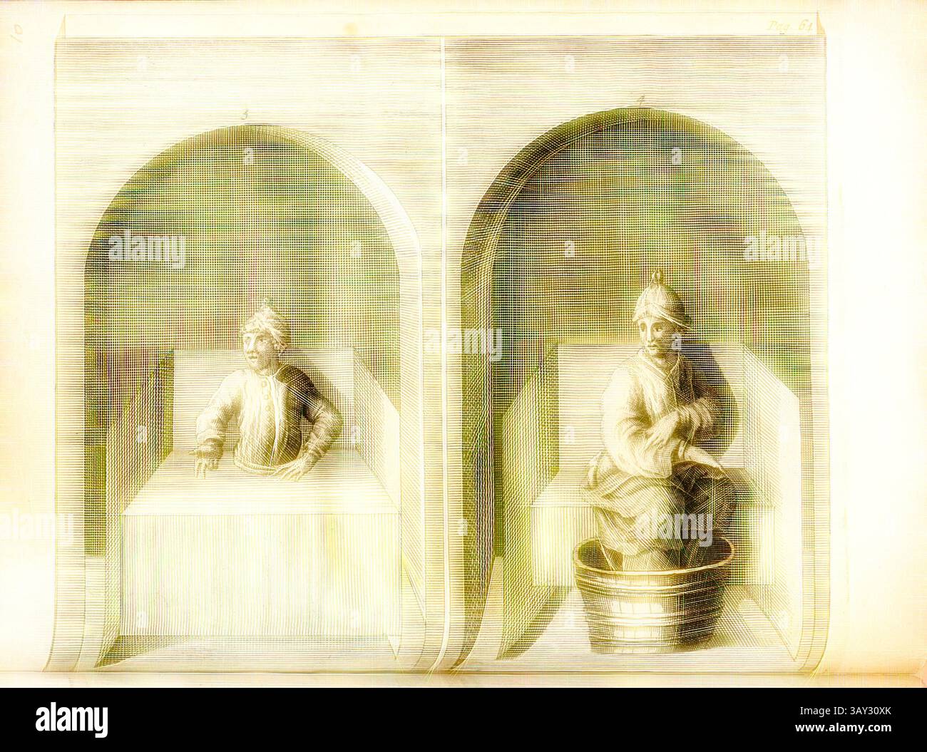 Two figures in distinct poses are depicted within arched enclosures ...