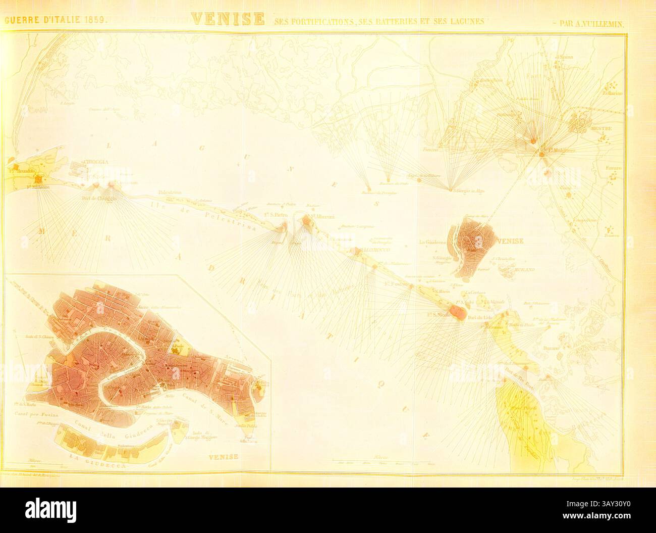 A historical map of Venice, highlighting its fortifications, harbors ...