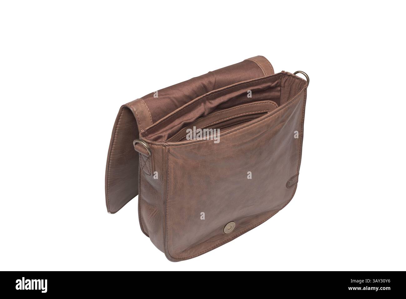 open brown leather messenger bag is presented in a studio shot isolated ...