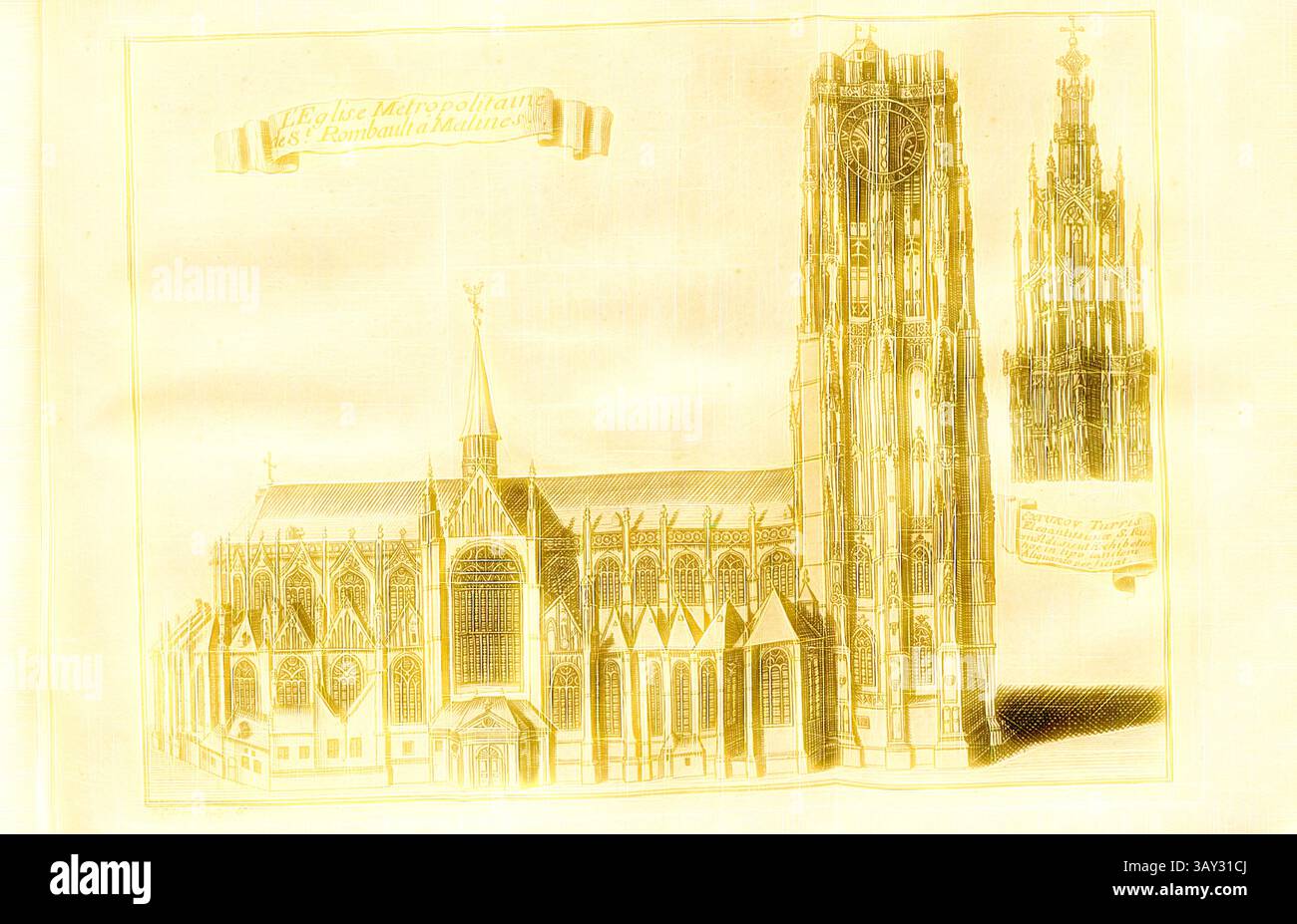 An intricate illustration of a Gothic cathedral featuring tall spires ...