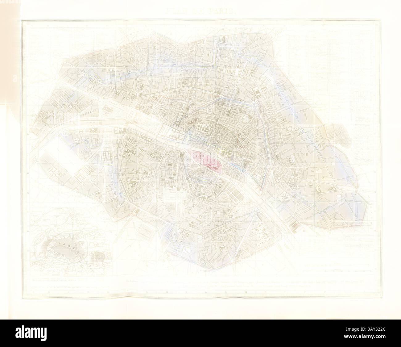 A detailed historic map of Paris, featuring intricate street layouts and landmarks, with a ...