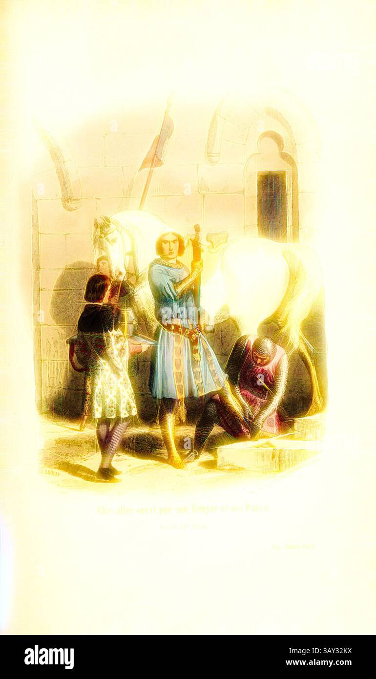 A regal knight, donned in ornate armor, stands confidently beside his ...