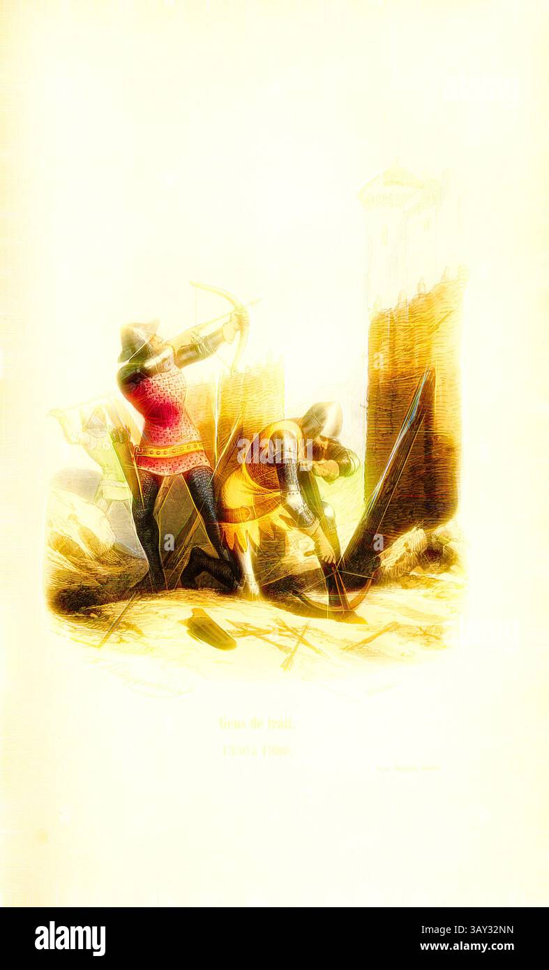 Two armored soldiers are depicted in a medieval setting, one is aiming ...