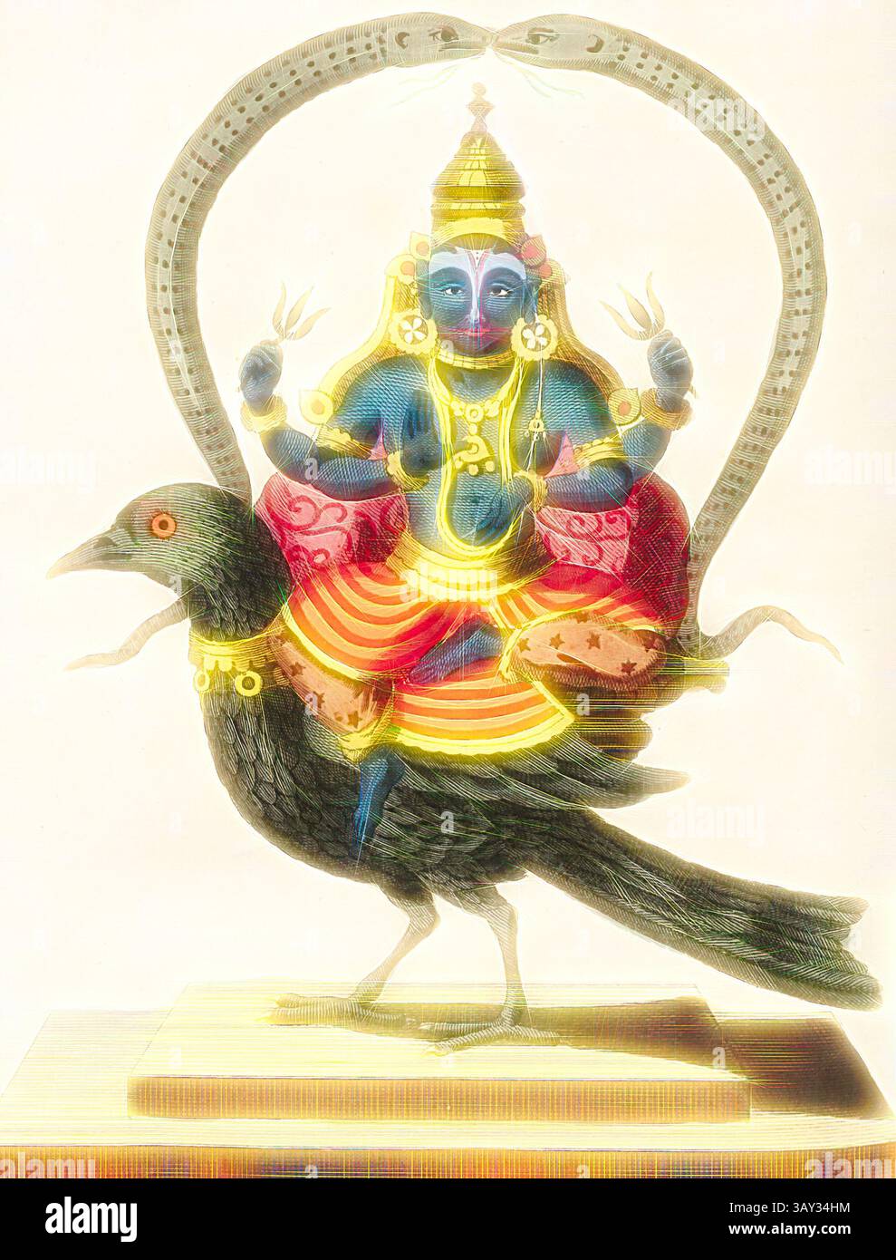 A vibrant deity is depicted sitting majestically atop a large bird ...