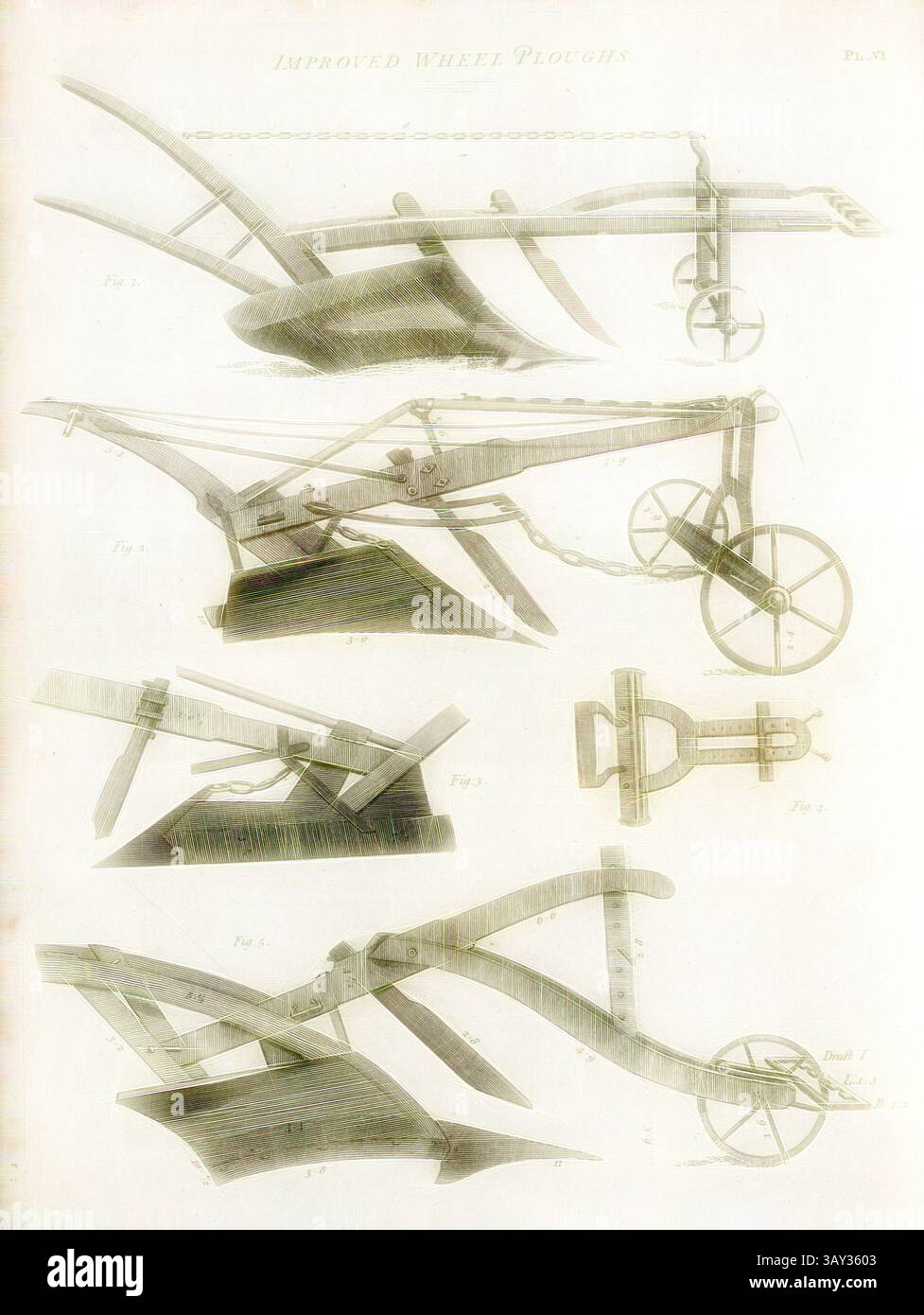 Illustrations depicting various designs of an improved wheeled plough ...