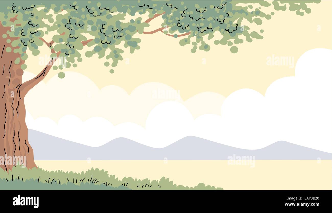 Peaceful summer landscape with green tree and lake Stock Vector Image ...