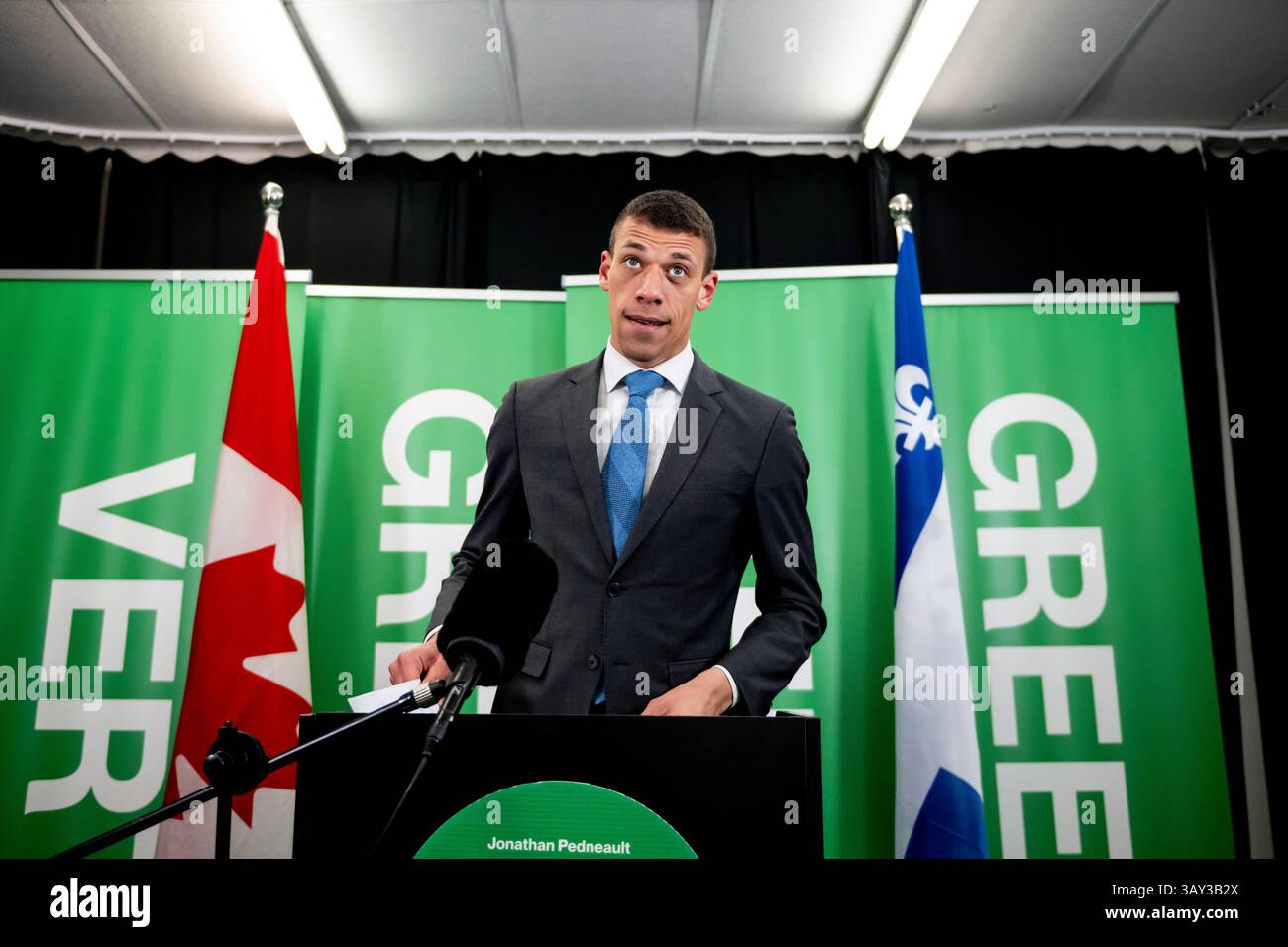 Green Party co-Leader Jonathan Pedneault holds a press conference in ...