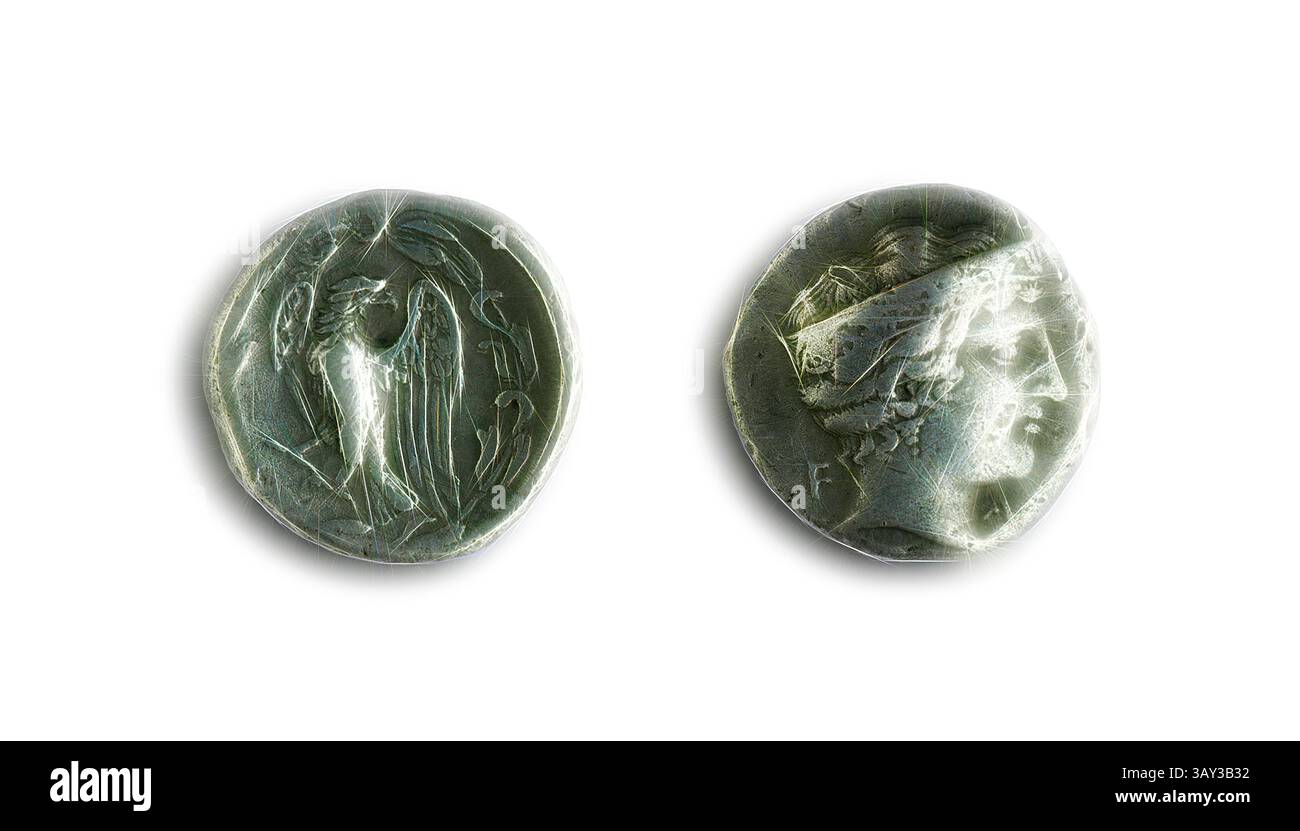 An ancient coin featuring intricate designs on both sides; one side ...